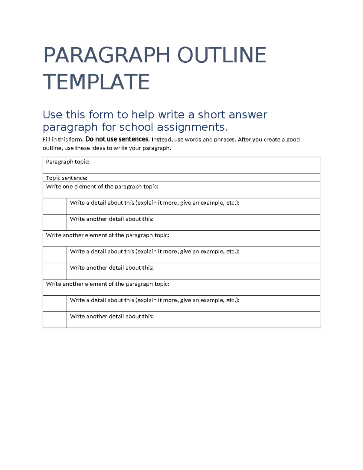 PARAGRAPH OUTLINE TEMPLATE for Short Answer Assignments - Studocu