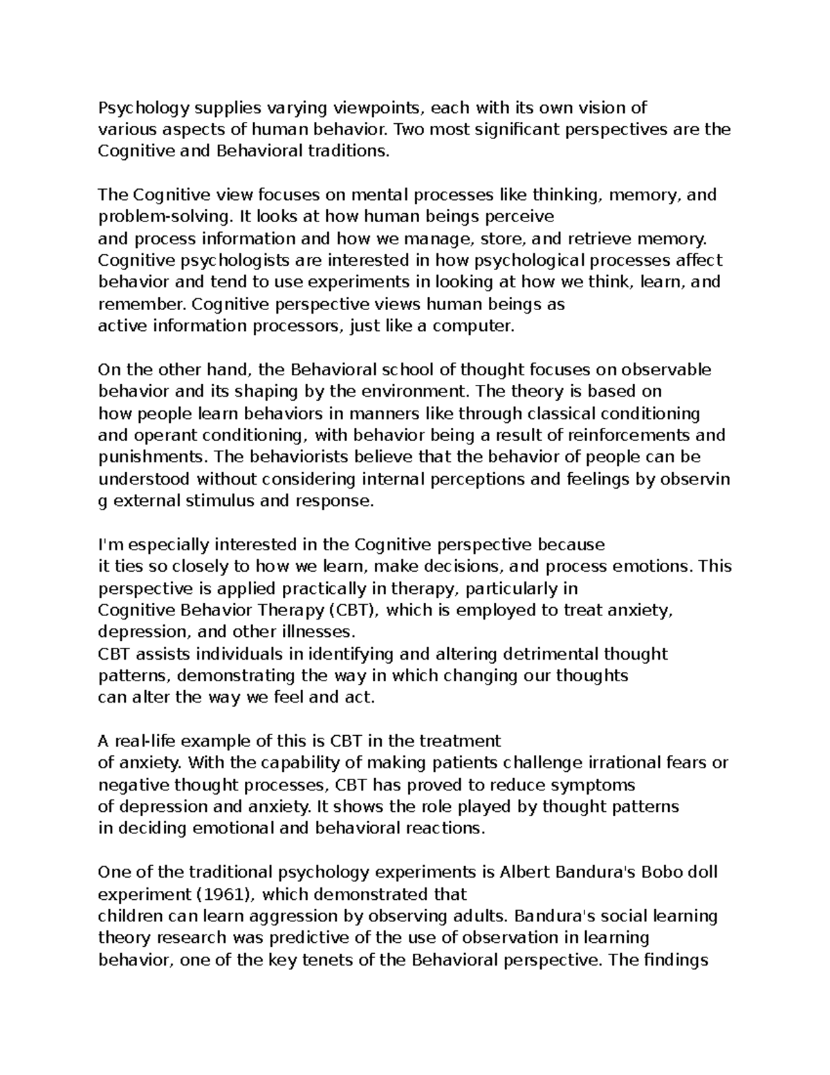 Psychology Perspectives: Cognitive vs. Behavioral (Psych 101) - Studocu
