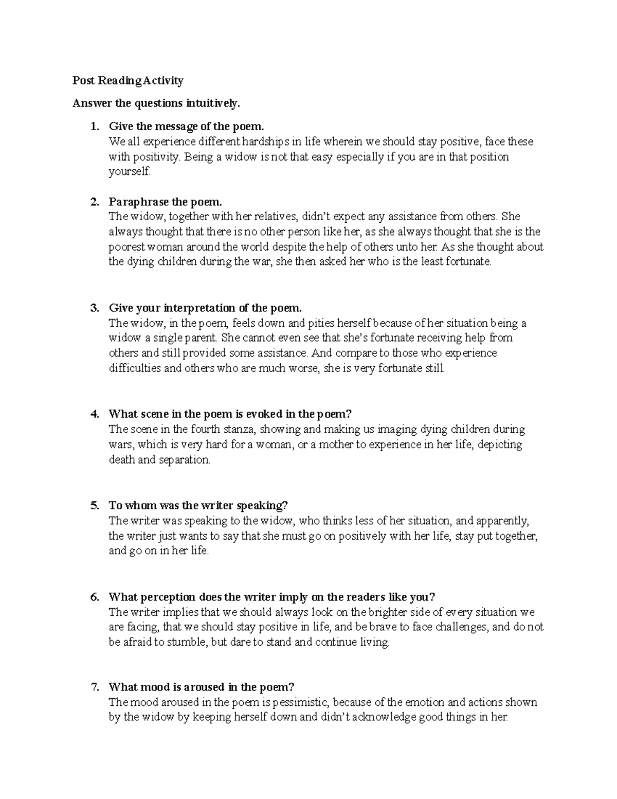 Post-reading-activity - Post Reading Activity Answer the questions ...