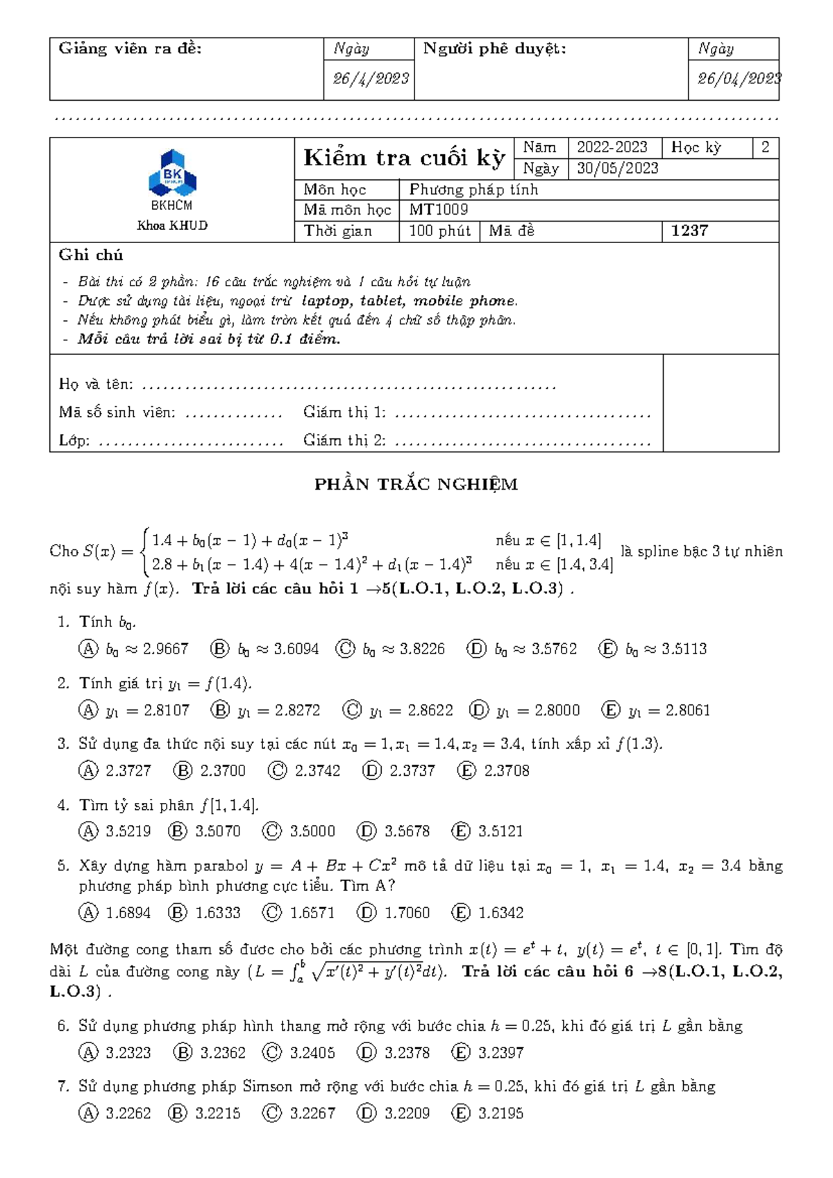 Kiểm tra cuối kỳ MT1009 - Học kỳ II 1237 - Studocu