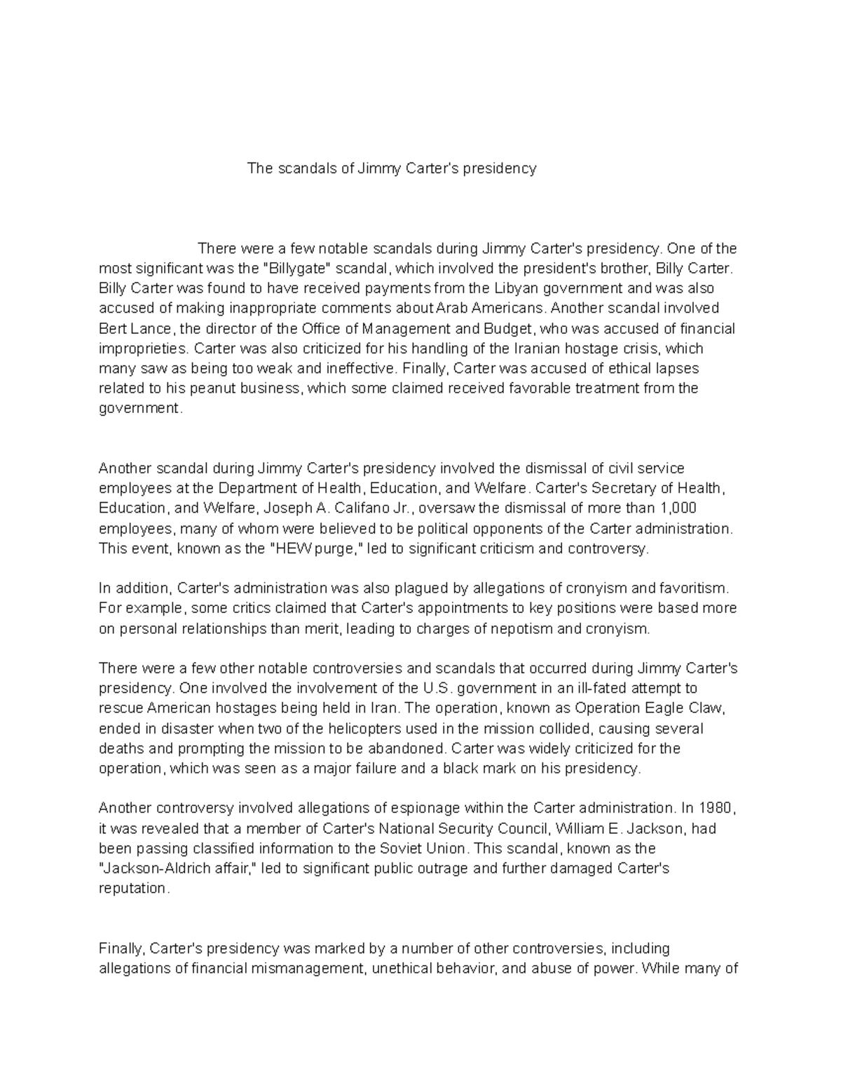 Scandals and Controversies During Jimmy Carter's Presidency - Studocu
