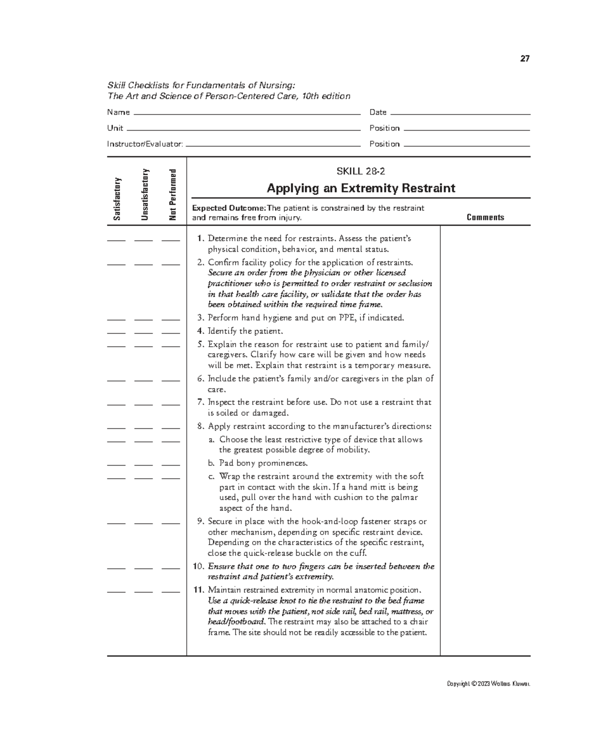 Applying Extremity Restraint: Skill Checklist for NURS 101 - Studocu