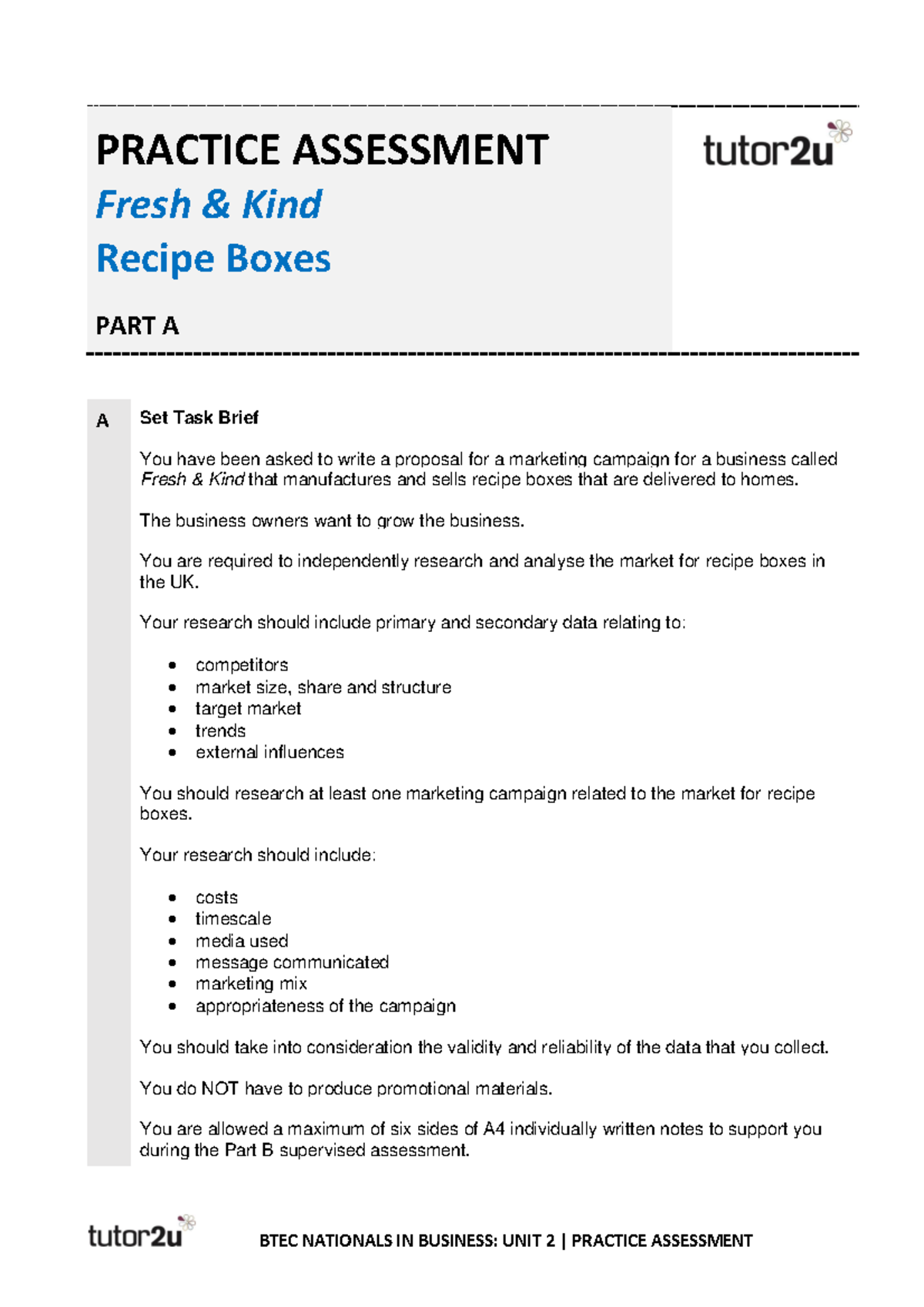 BTEC Level 3: Session 1 Fresh & Kind Recipe Boxes Assessment - Studocu