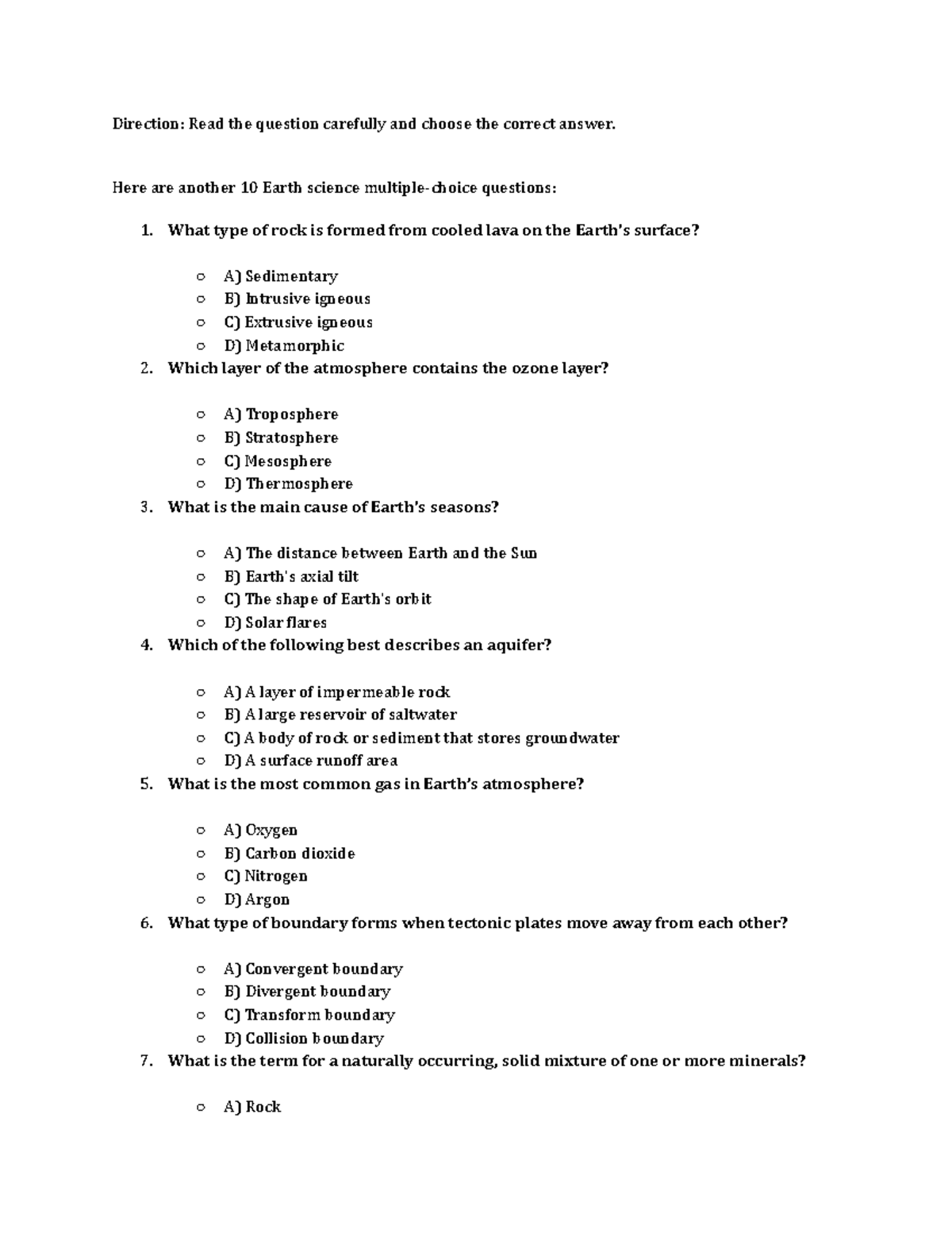 Y7 Earth Science Quiz: Key Concepts & Questions for Understanding - Studocu