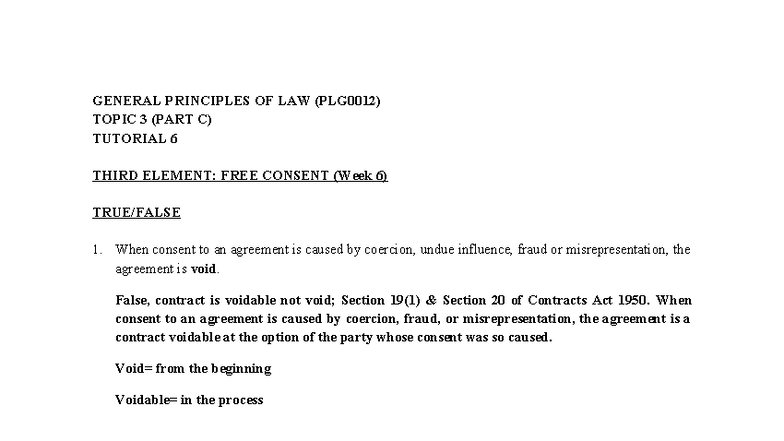 TUT 6 - Topic 3 (PART C) - Free Consent & Fraud Analysis (PLG0012 ...