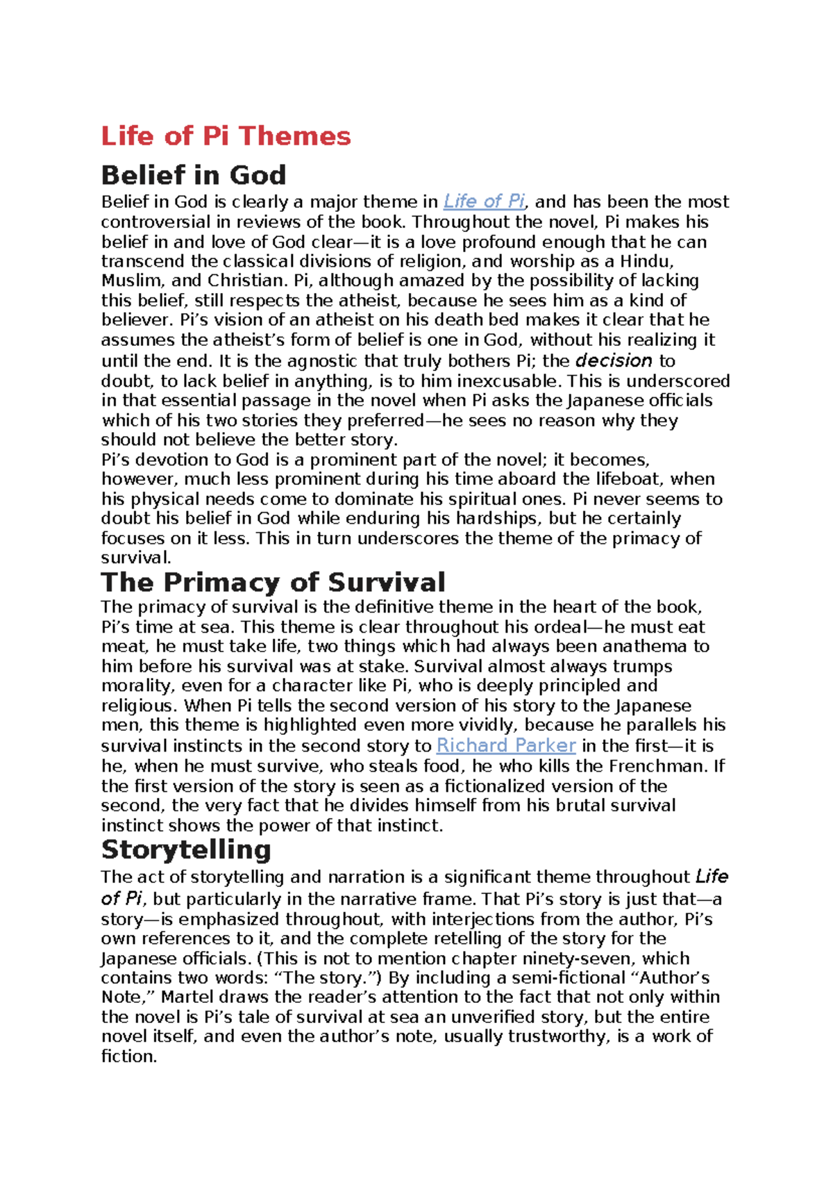 Life of Pi Themes: Belief, Survival, and Storytelling Analysis - Studocu