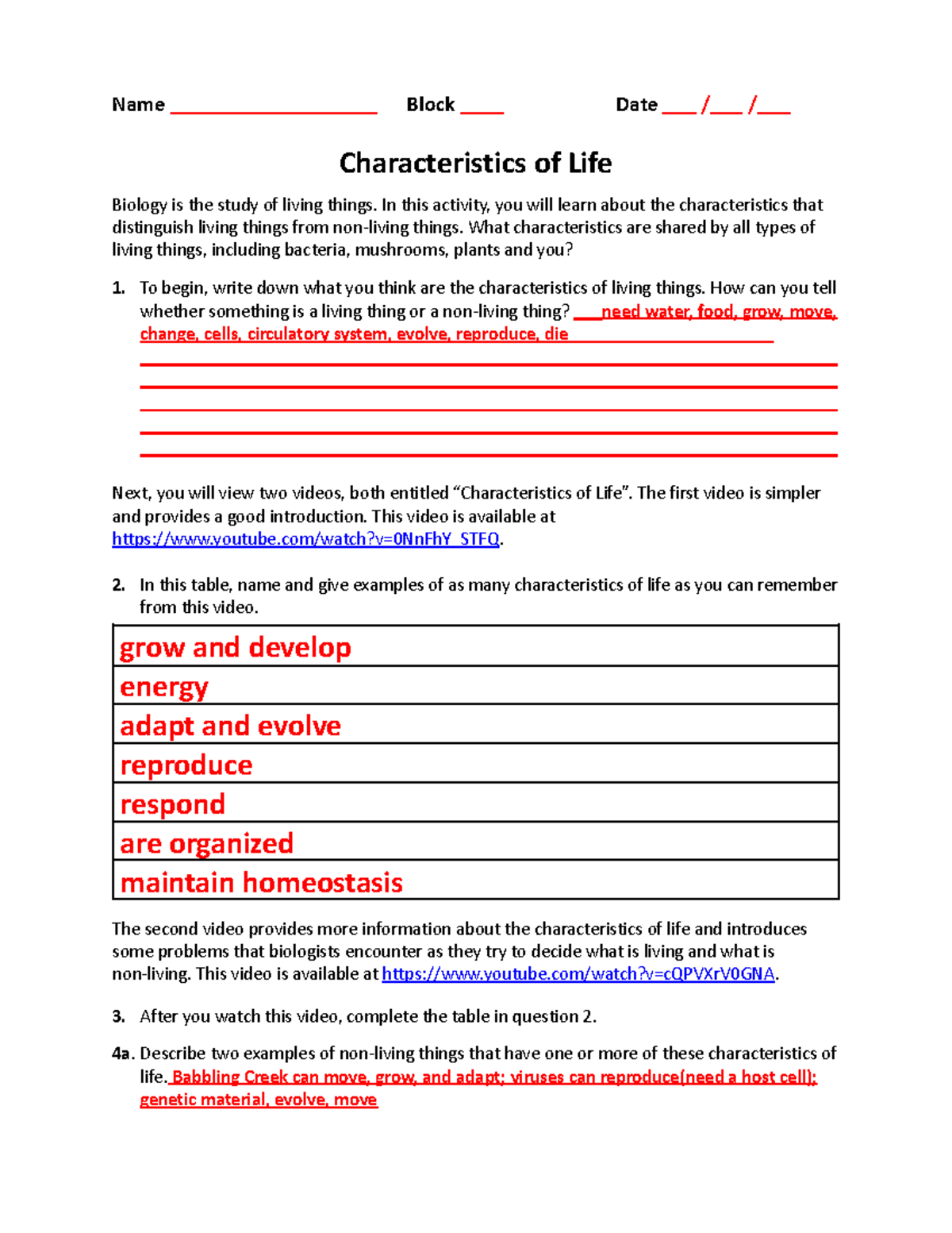 Characteristics of Life Activity August 9th - Name ...