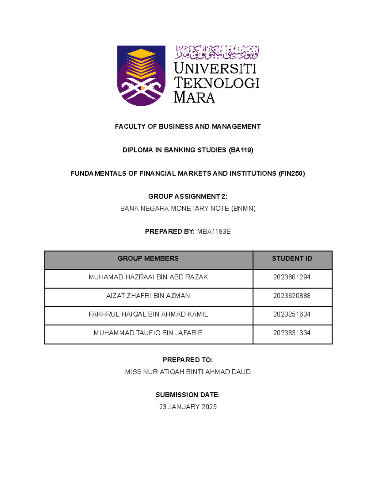 FIN250 Group Assignment 2: Analysis of Bank Negara Monetary Notes - Studocu