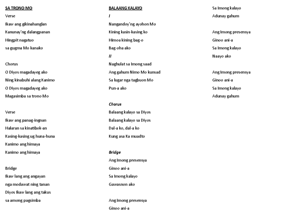 Lyrics-Balaang Kalayo - SA TRONO MO Verse Ikaw ang gikinahanglan ...