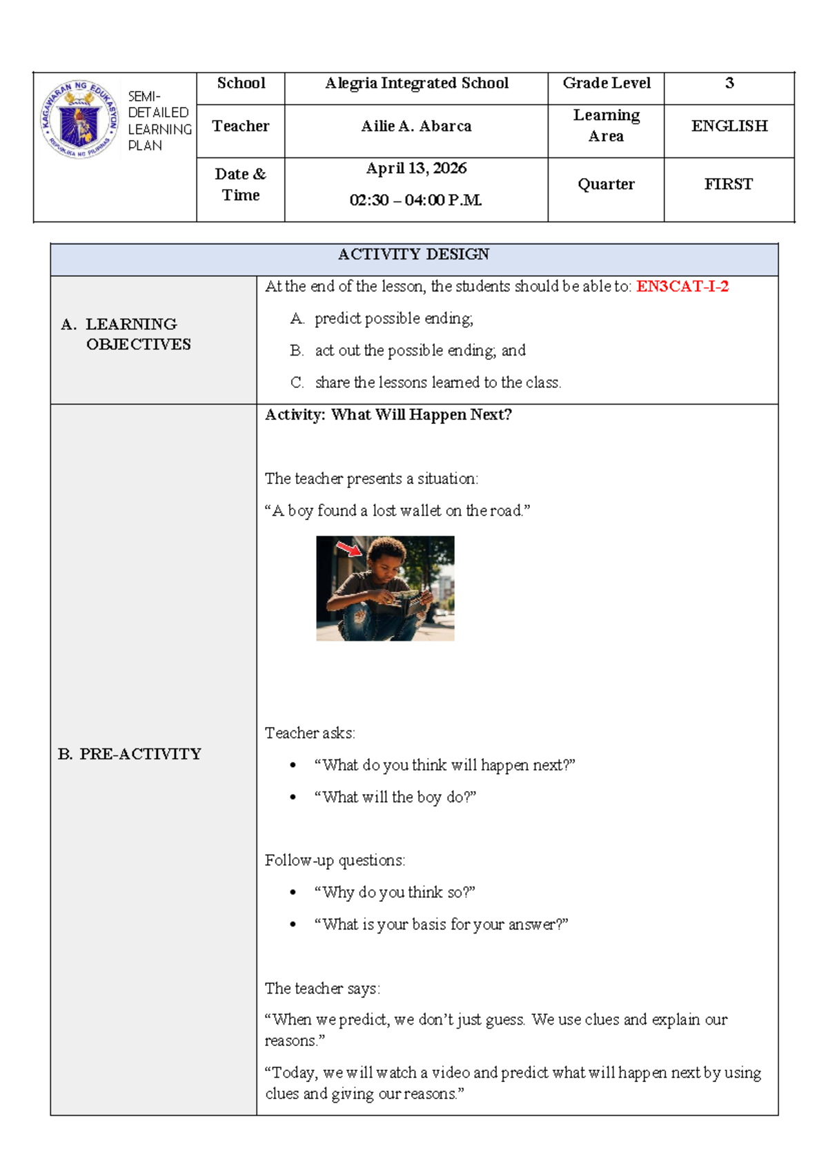 Grade 3 English Activity Plan: Predicting Outcomes and Role Play - Studocu