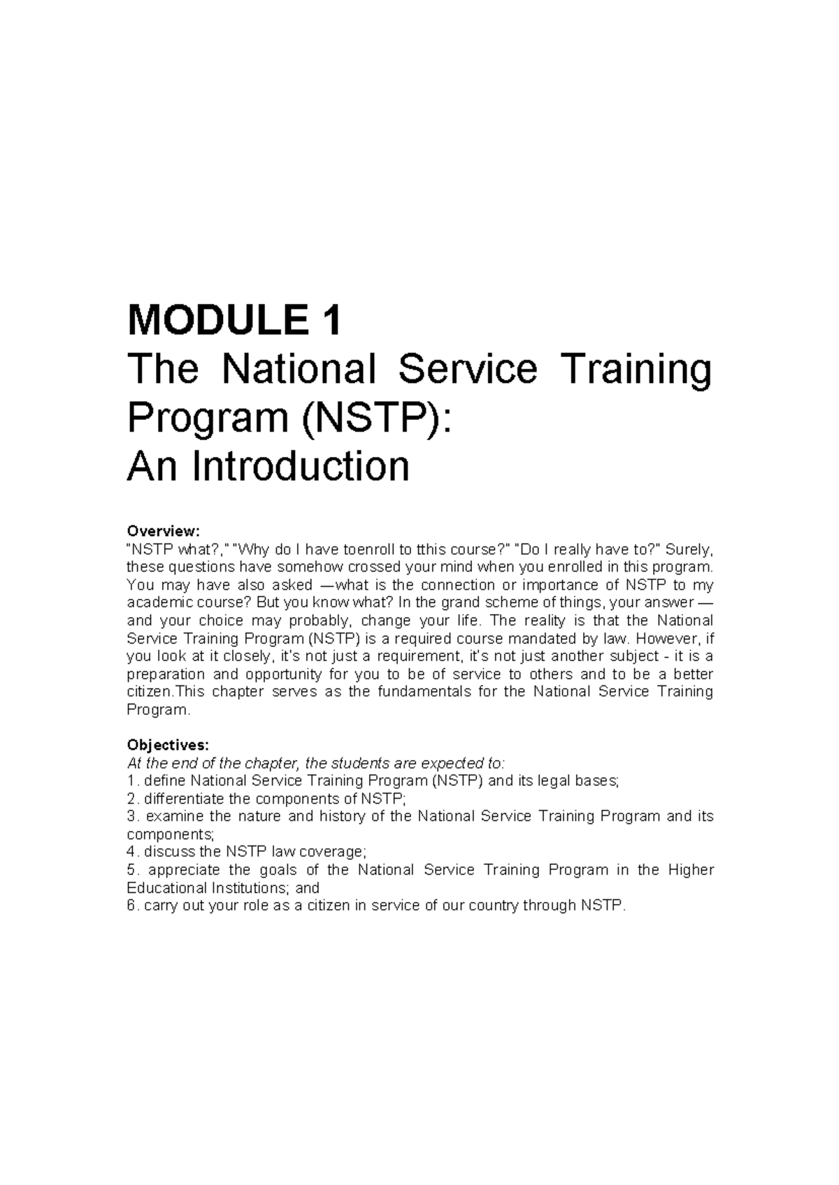 Chapter 1: Introduction to the National Service Training Program (NSTP ...