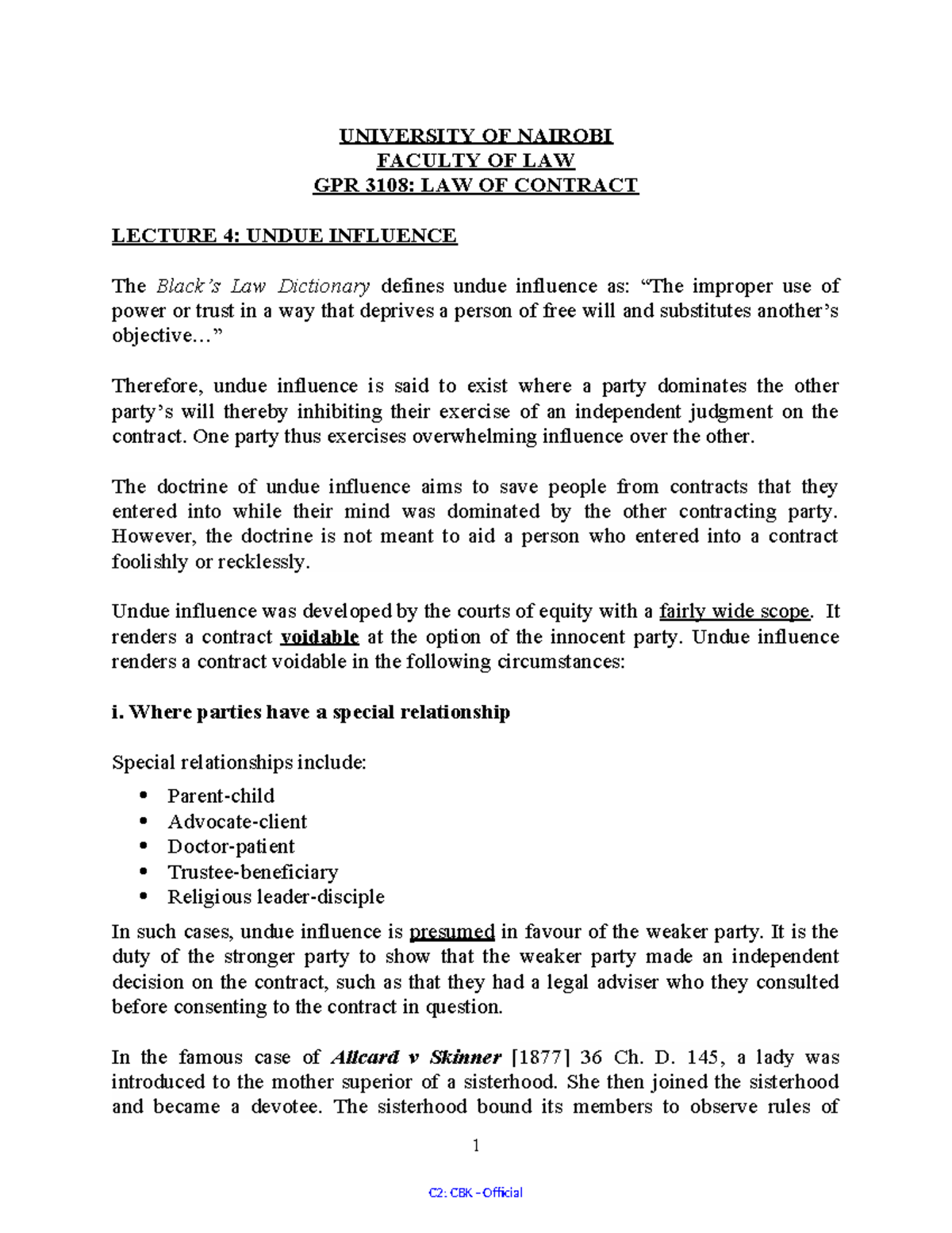 GPR 3108: Law of Contract Lecture 4 - Understanding Undue Influence ...