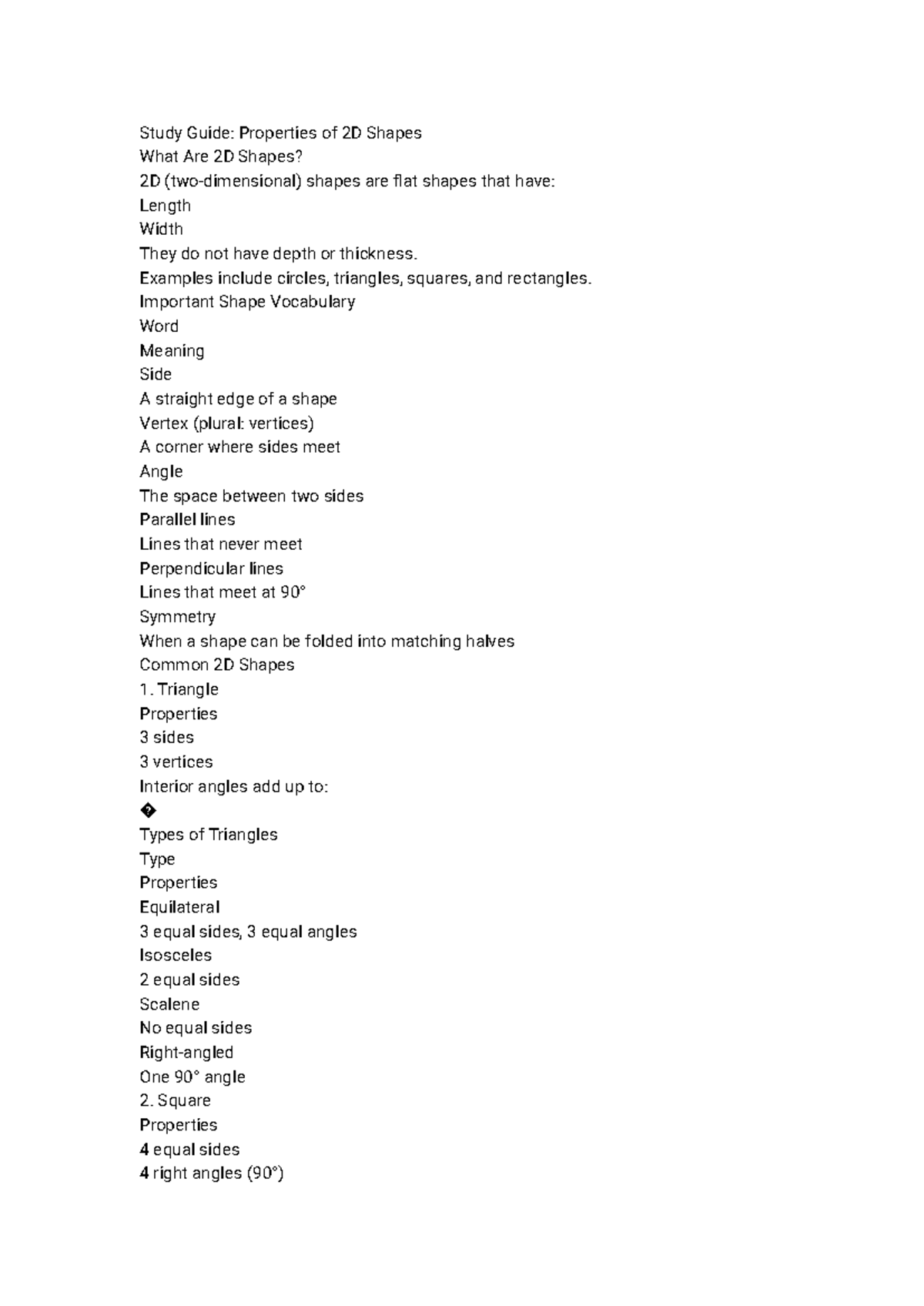 Study Guide: Properties of 2D Shapes (Math 101) - Studocu