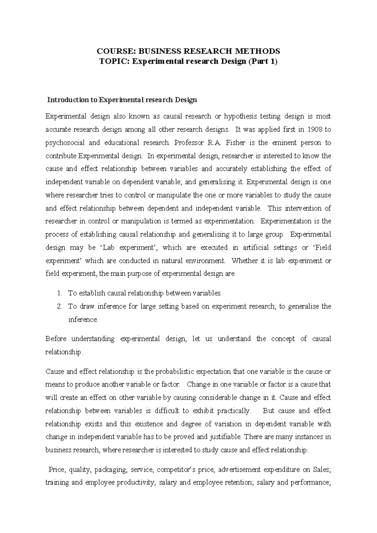 BUSINESS RESEARCH METHODS: Experimental Research Design (Part 1) - Studocu