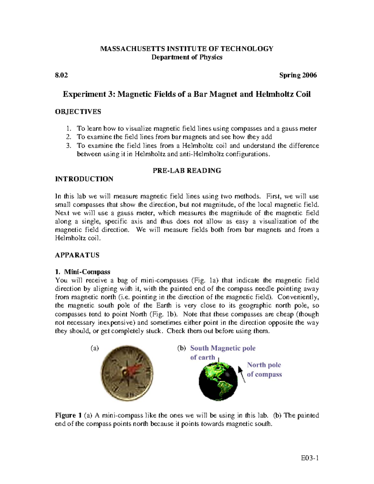 Experiment 3: Magnetic Fields of Bar Magnet & Helmholtz Coil (8.02 ...
