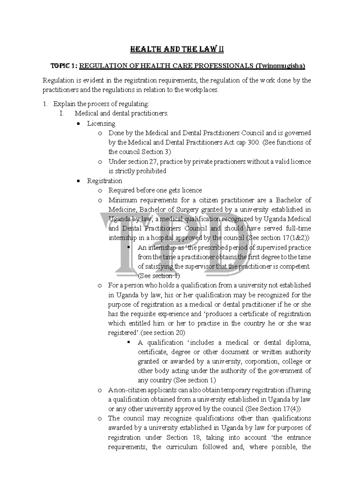 HEALTH AND THE LAW II: REGULATION OF HEALTH CARE PROFESSIONALS & PUBLIC ...