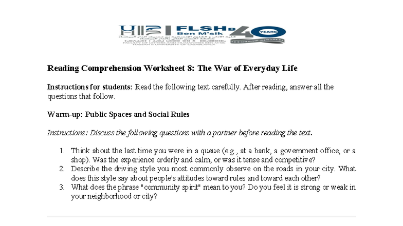 Reading Comprehension Worksheet 8: The Erosion of Community in Morocco ...