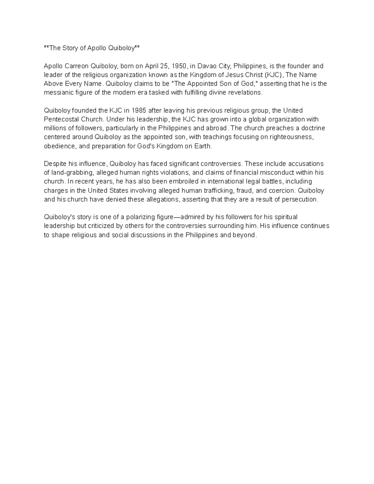 Quiboloy Issue: Analyzing Controversies & Influence in Religion - Studocu