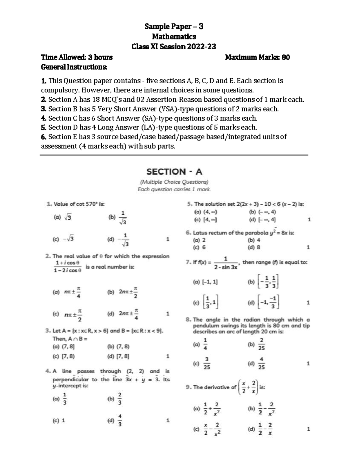 Mathematics Class XI Sample Paper 3 - 3 Hours Exam - Studocu