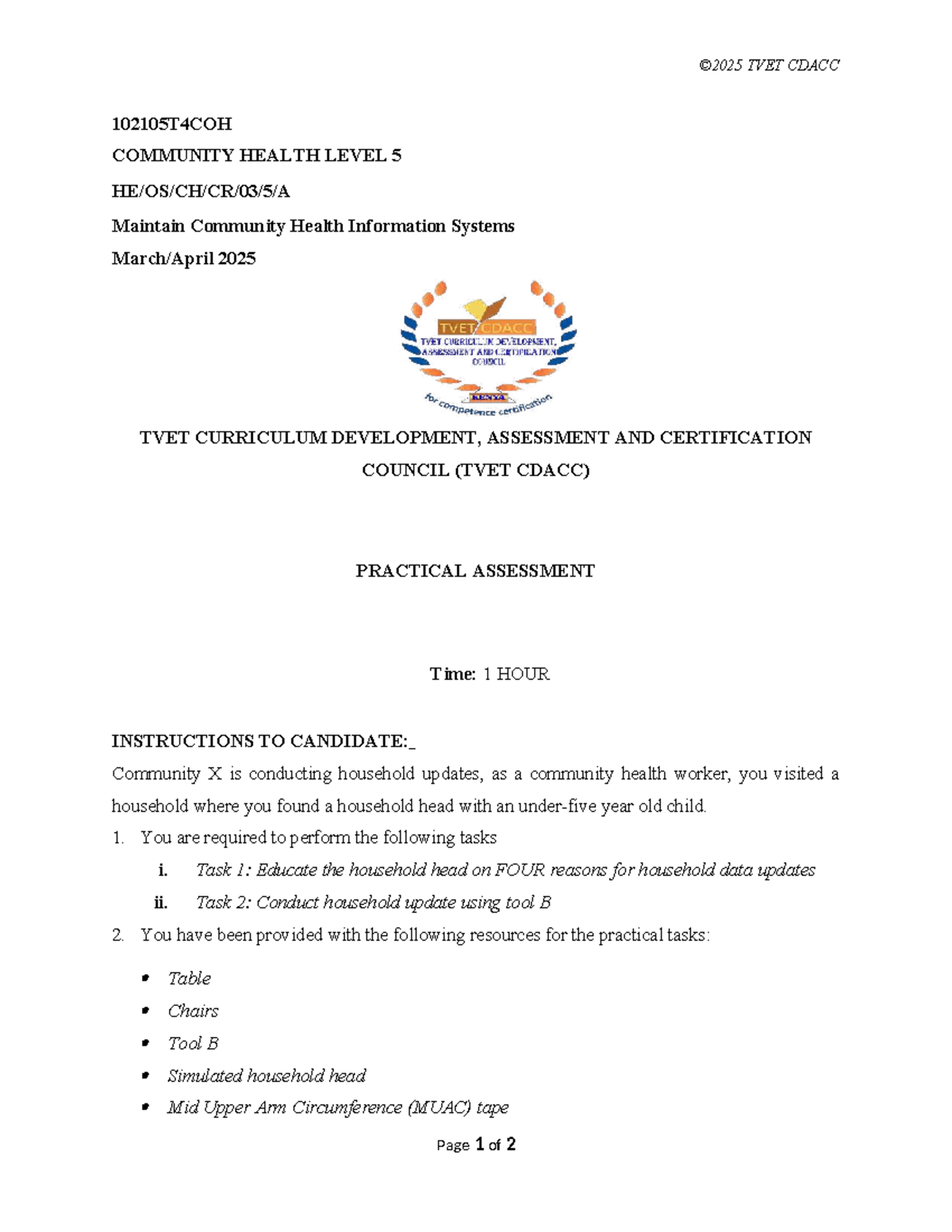 TVET CDACC 102105T4COH Community Health Info System Practical ...