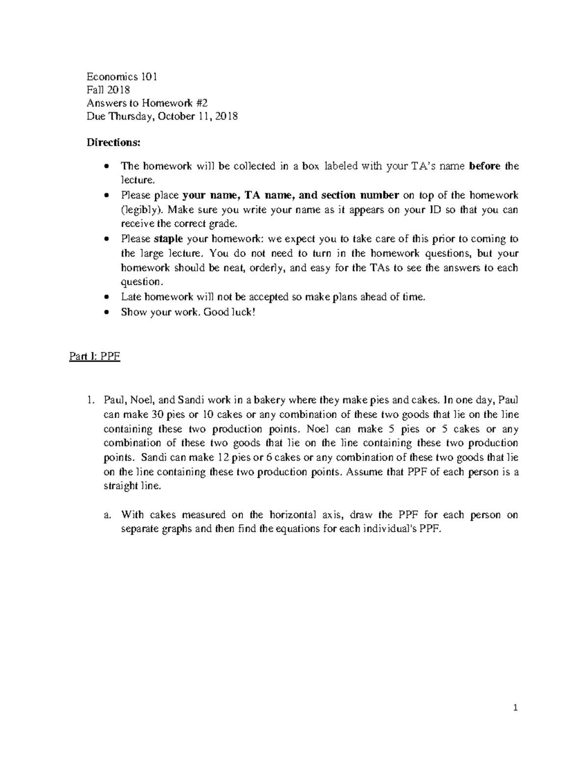 Answerstohomework 2fall2018 - Economics 101 Fall 2018 Answers to ...