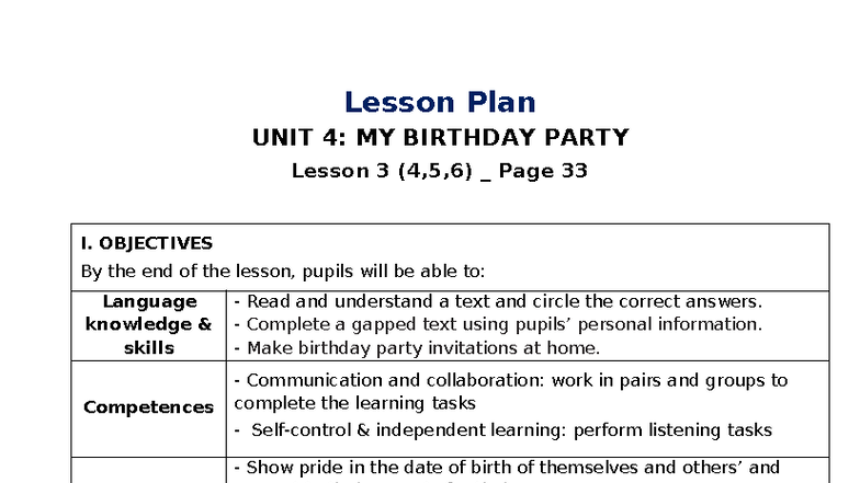 Lesson Plan UNIT 4: My Birthday Party - Lesson 3 (4,5,6) - Studocu