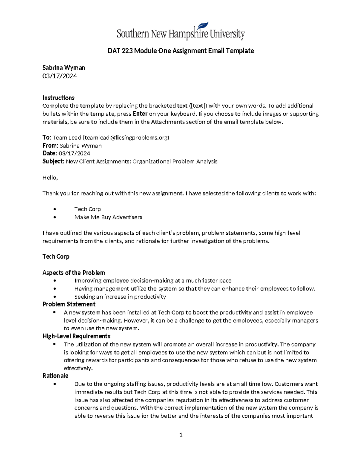 DAT 223 Module One Assignment: Email Template for Client Analysis - Studocu