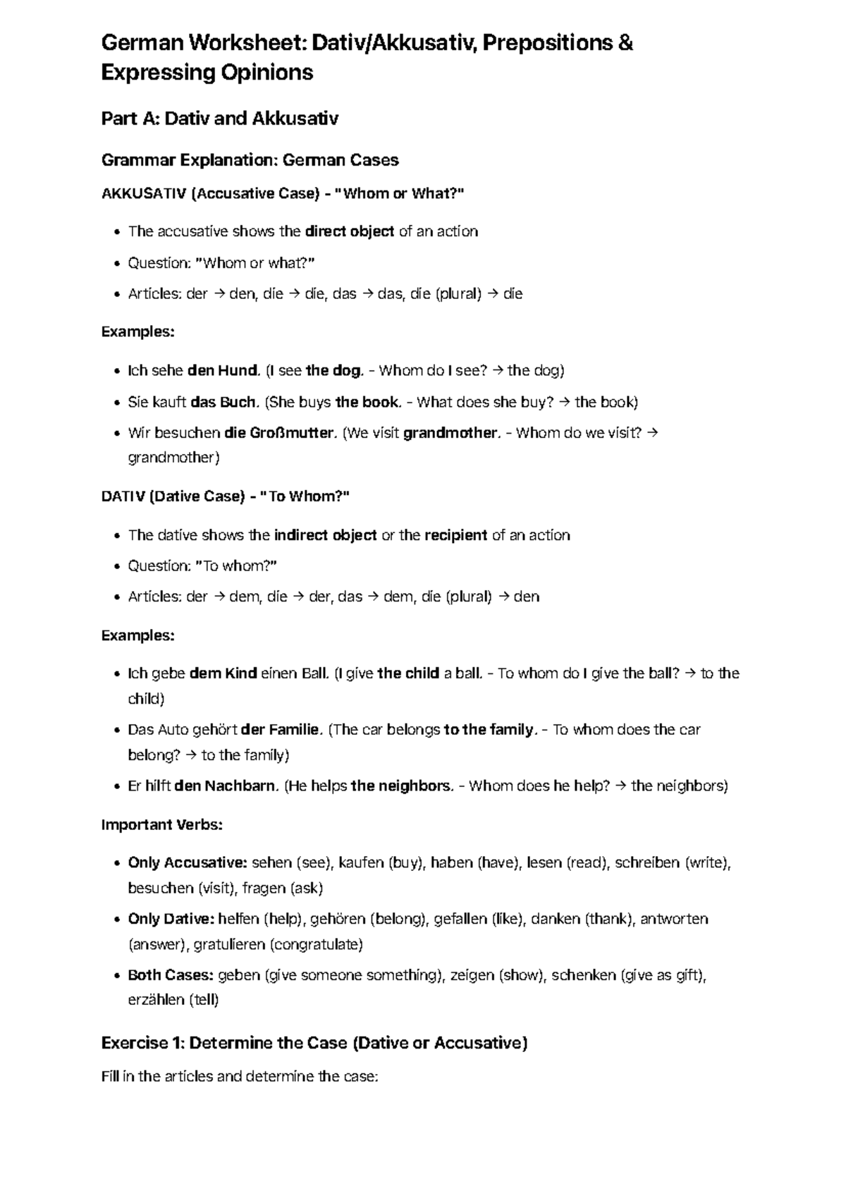 German Worksheet: Dativ/Akkusativ & Prepositions Overview - Studocu
