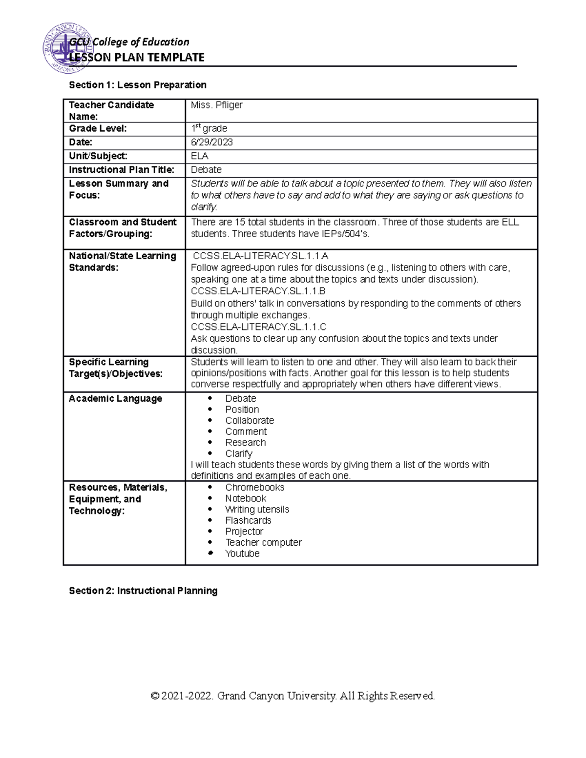 ELM480 Listening and Speaking Lesson Plan - GCU College of Education ...