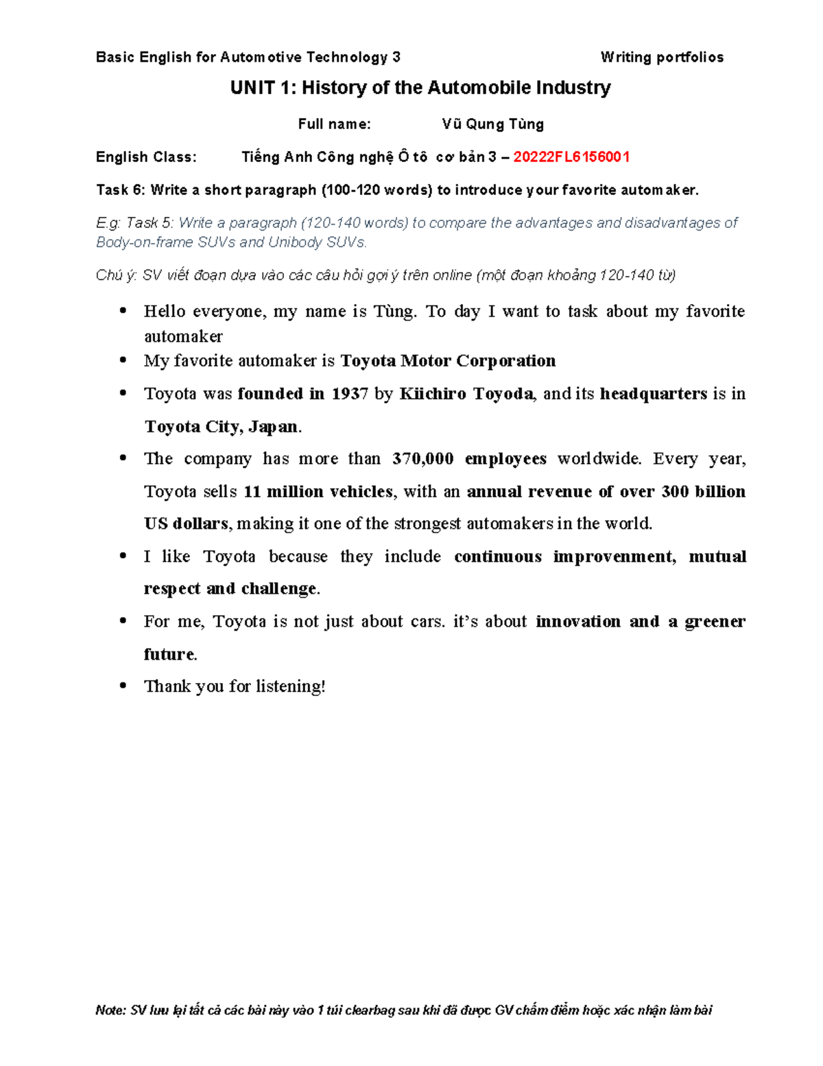 Basic English for Automotive Technology 3: Writing Portfolio Sample ...