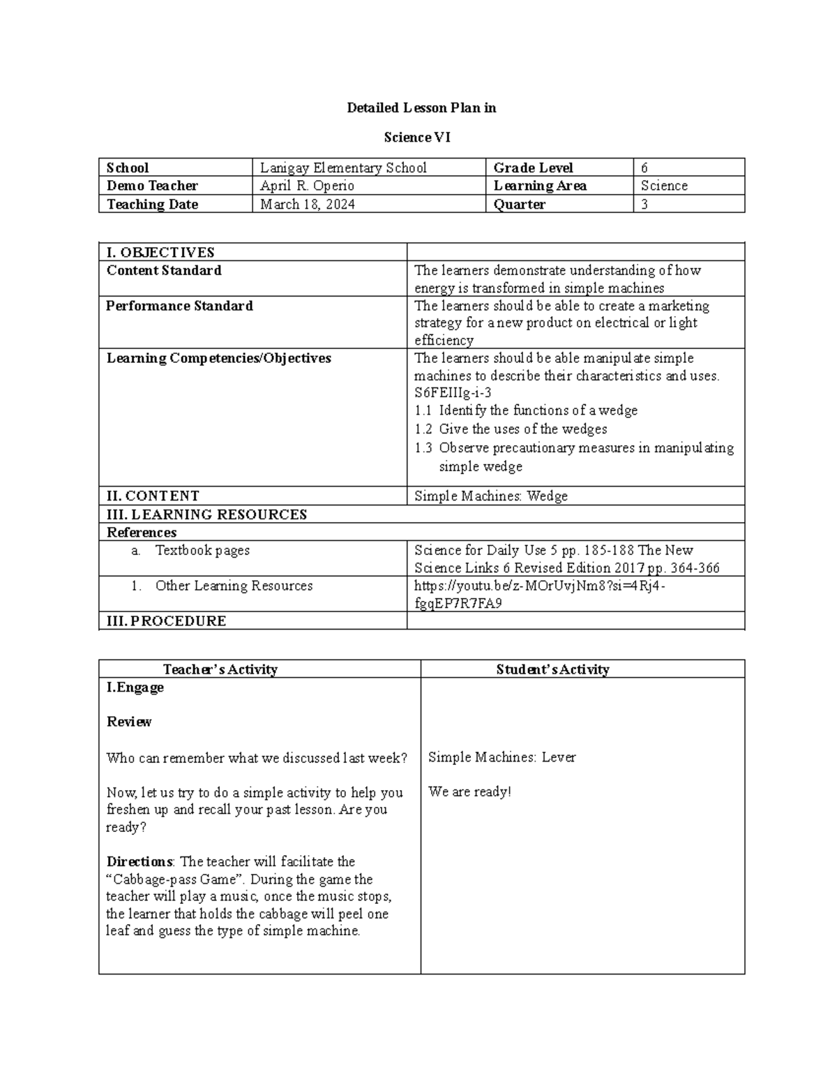 Detailed Lesson Plan: Wedge as a Simple Machine - Science VI - Studocu