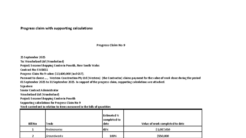 Progress Claim No 9 with Supporting Calculations - SW8651 - Studocu
