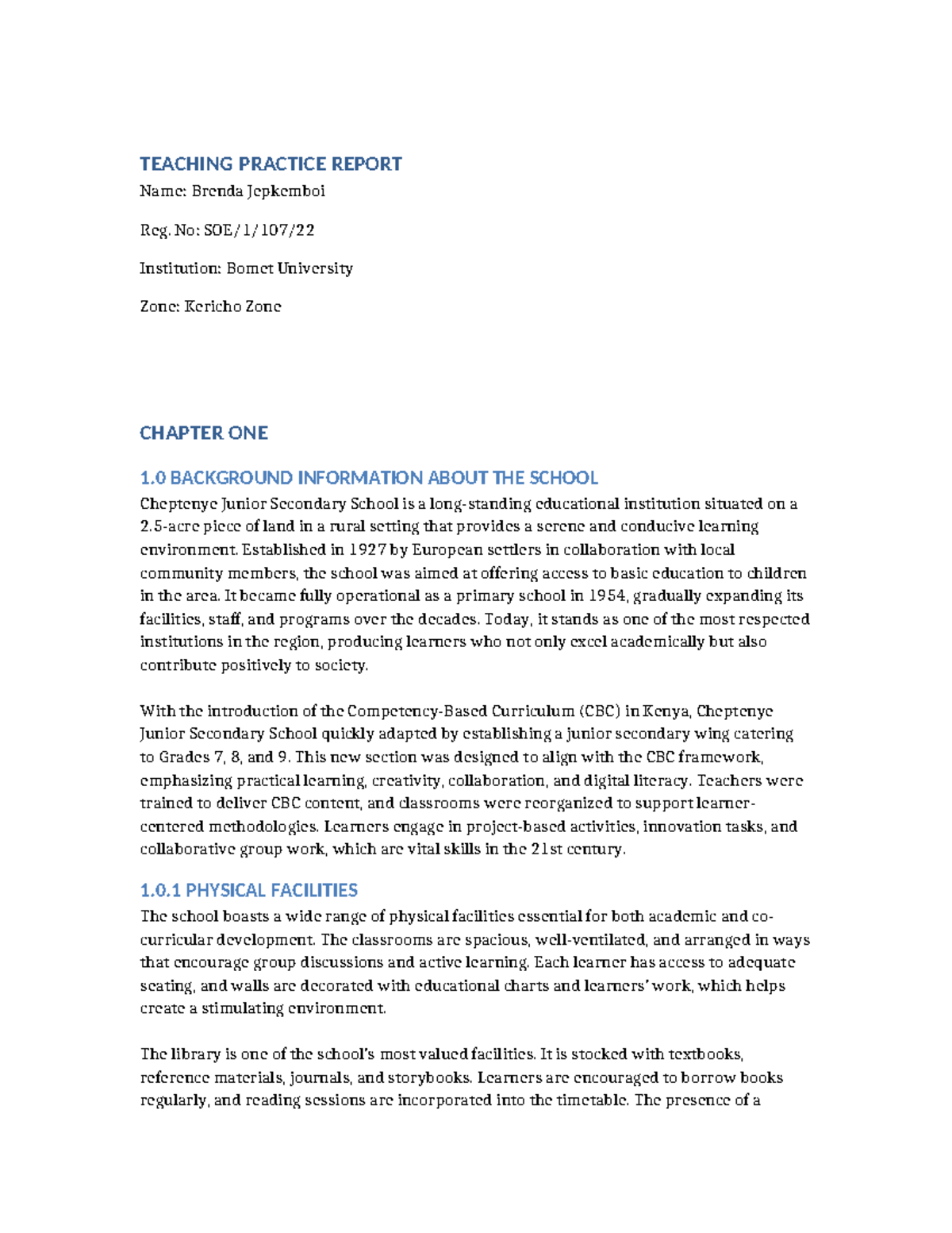 Teaching Practice Report: Cheptenye Junior Secondary School Analysis ...