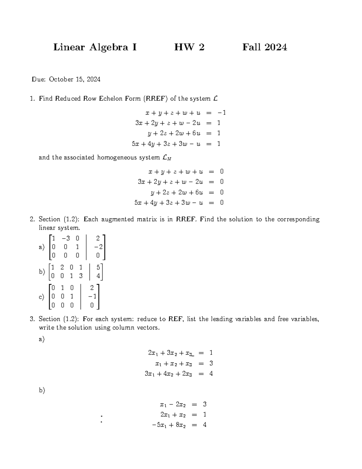Linear Algebra I HW 2 Solutions - Fall 2024 - Studocu