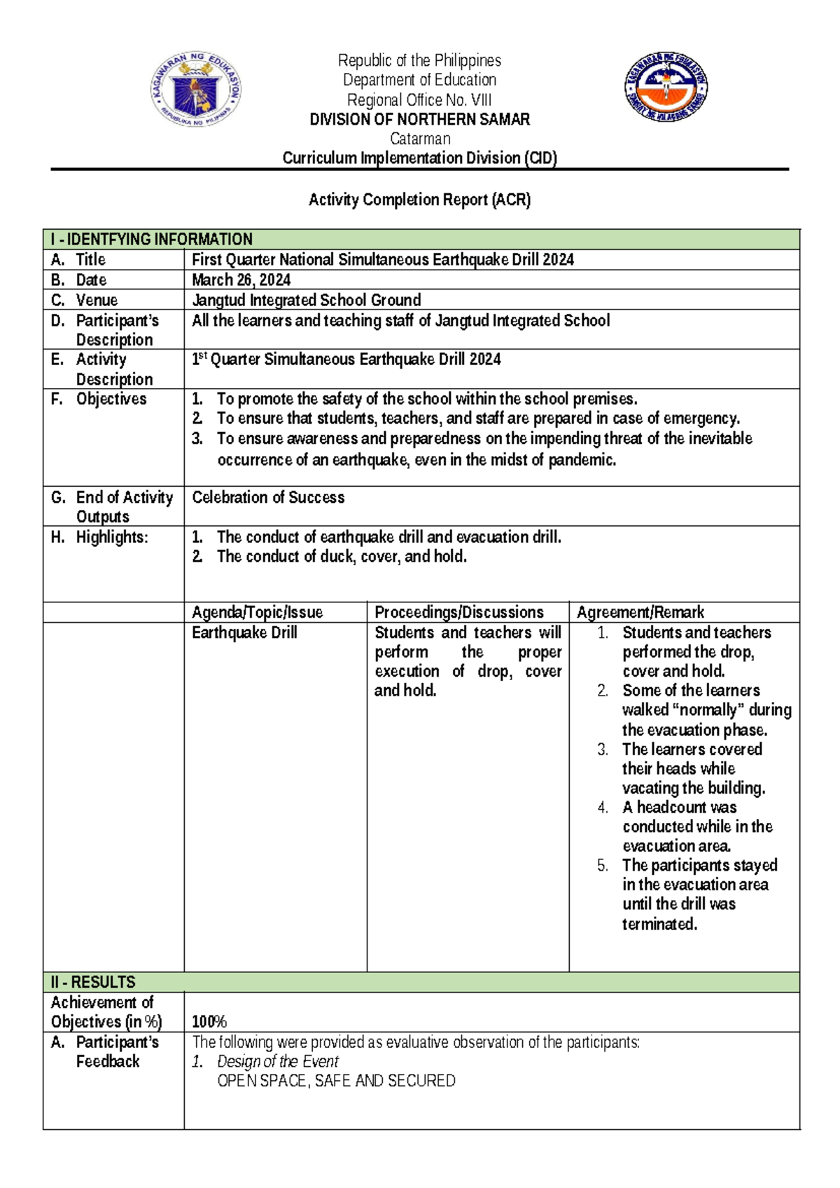 ACR: Earthquake Drill Activity Completion Report - Jangtud School - Studocu