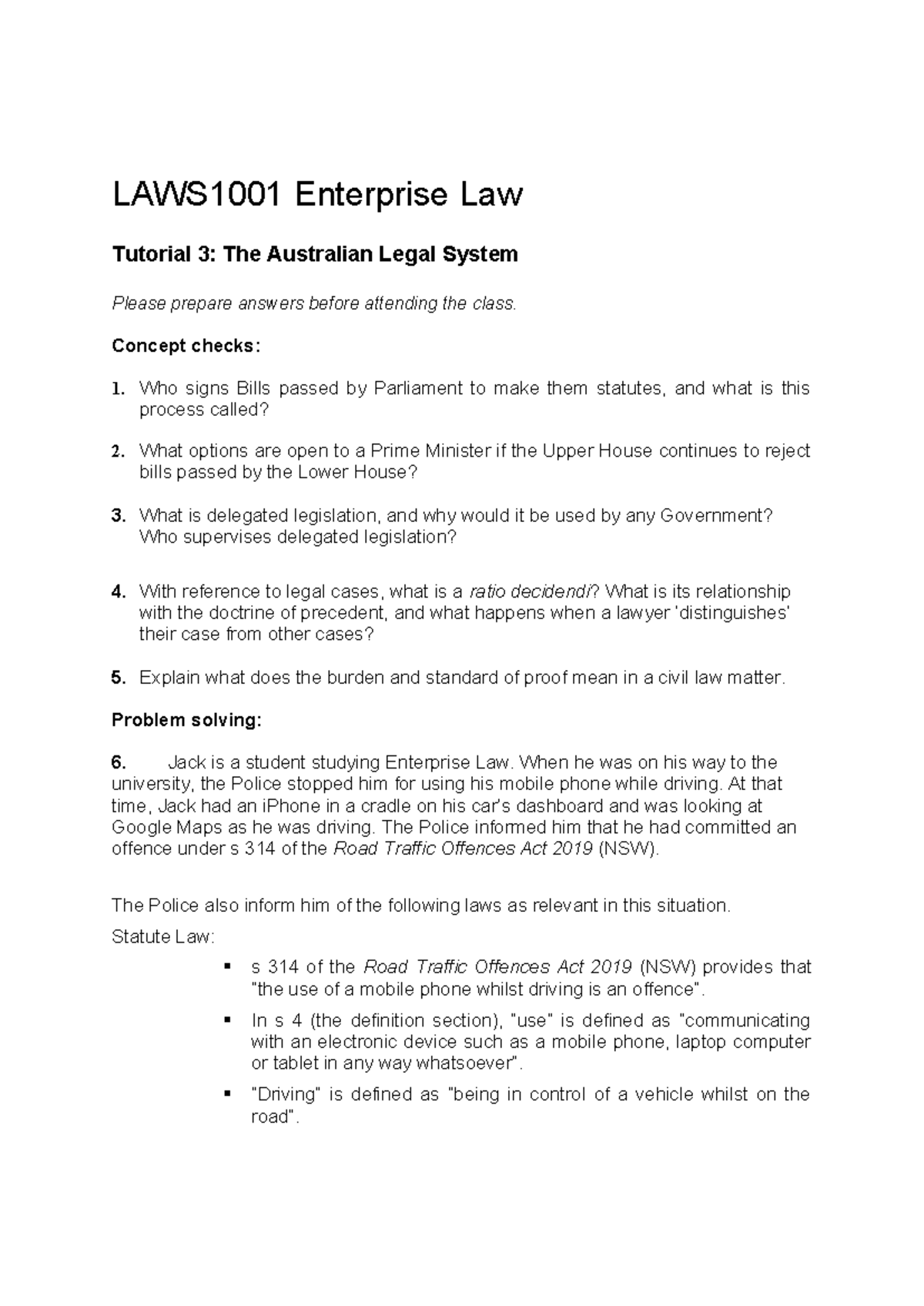 LAWS1001 Week 3 Tutorial Activity: The Australian Legal System Insights ...