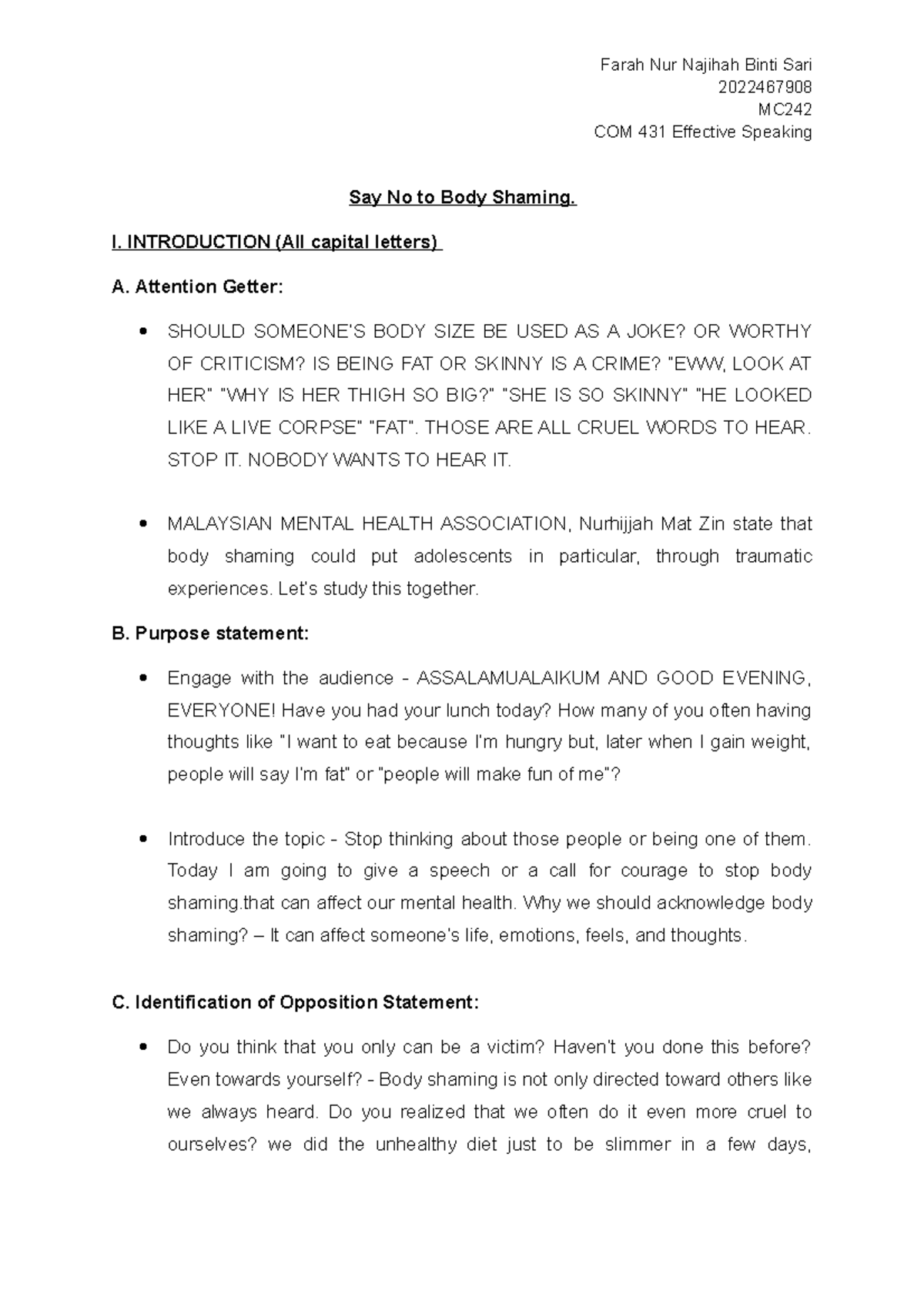 Say No to Body Shaming: A Speech for COM 431 Effective Speaking - Studocu