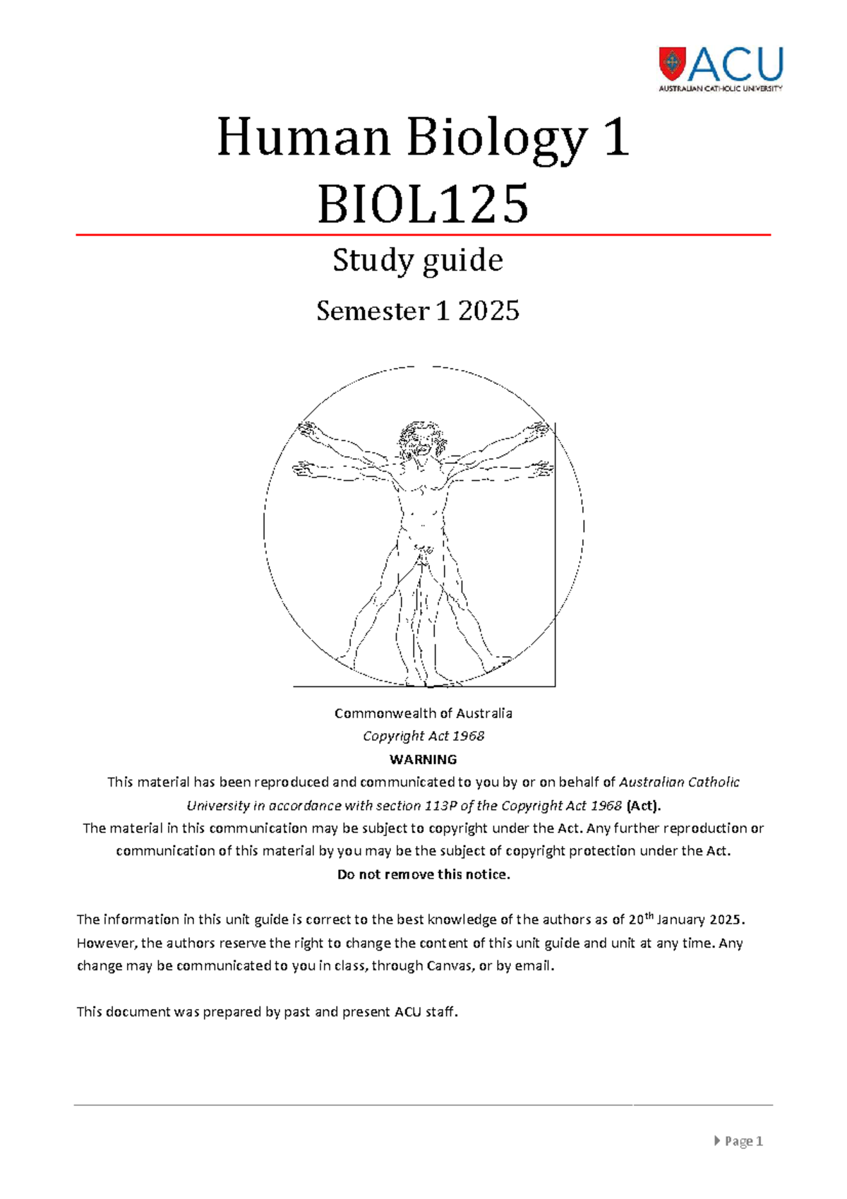 BIOL125 Human Biology 1 Study Guide & Workshop Notes - Semester 1 2025 ...