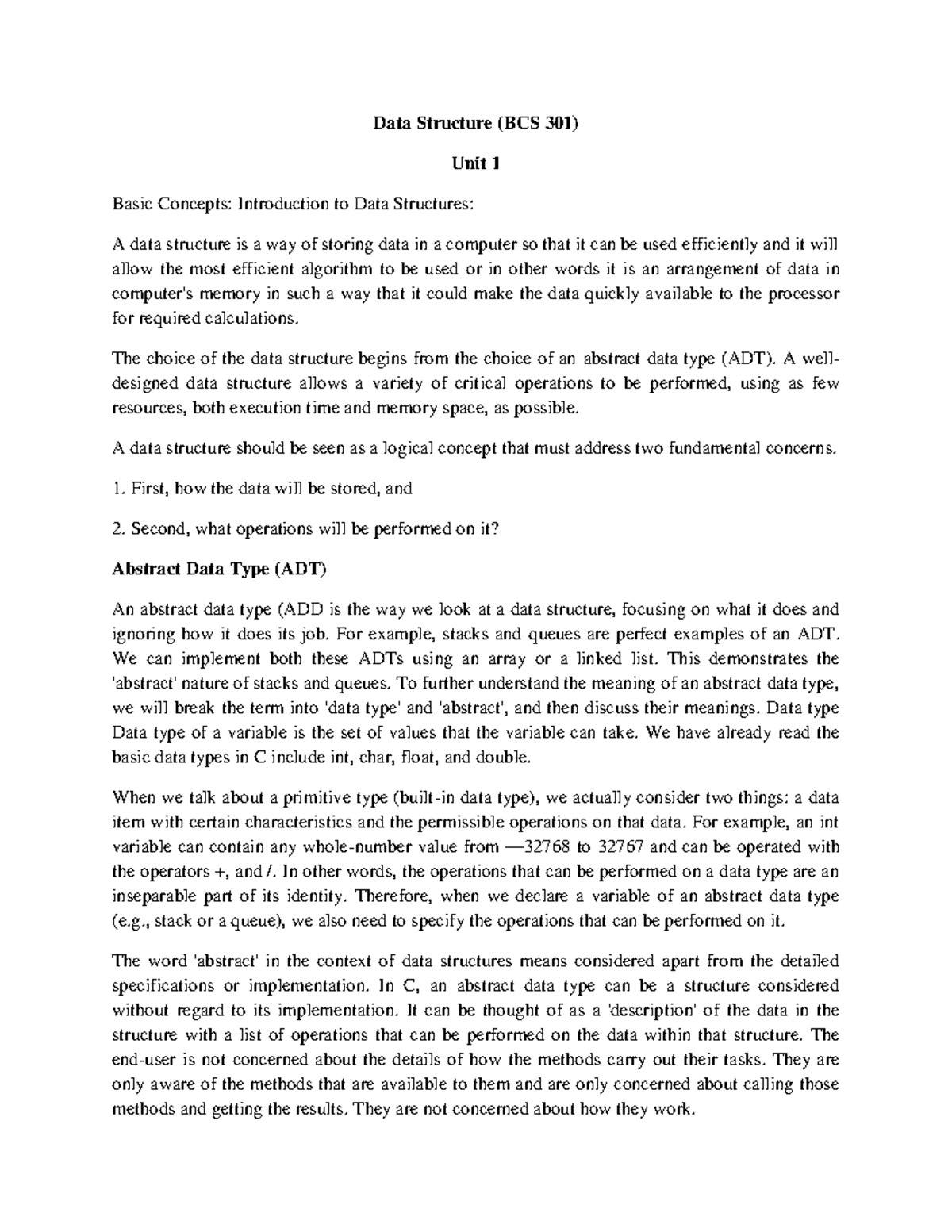Data Structure Unit 1 Notes Data Structure Bcs 301 Unit 1 Basic Concepts Introduction To