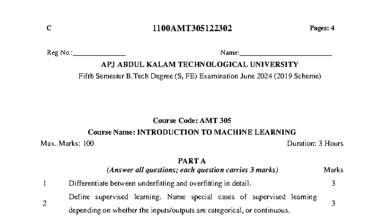 AMT 305 - Introduction to Machine Learning Previous Year QP - Studocu