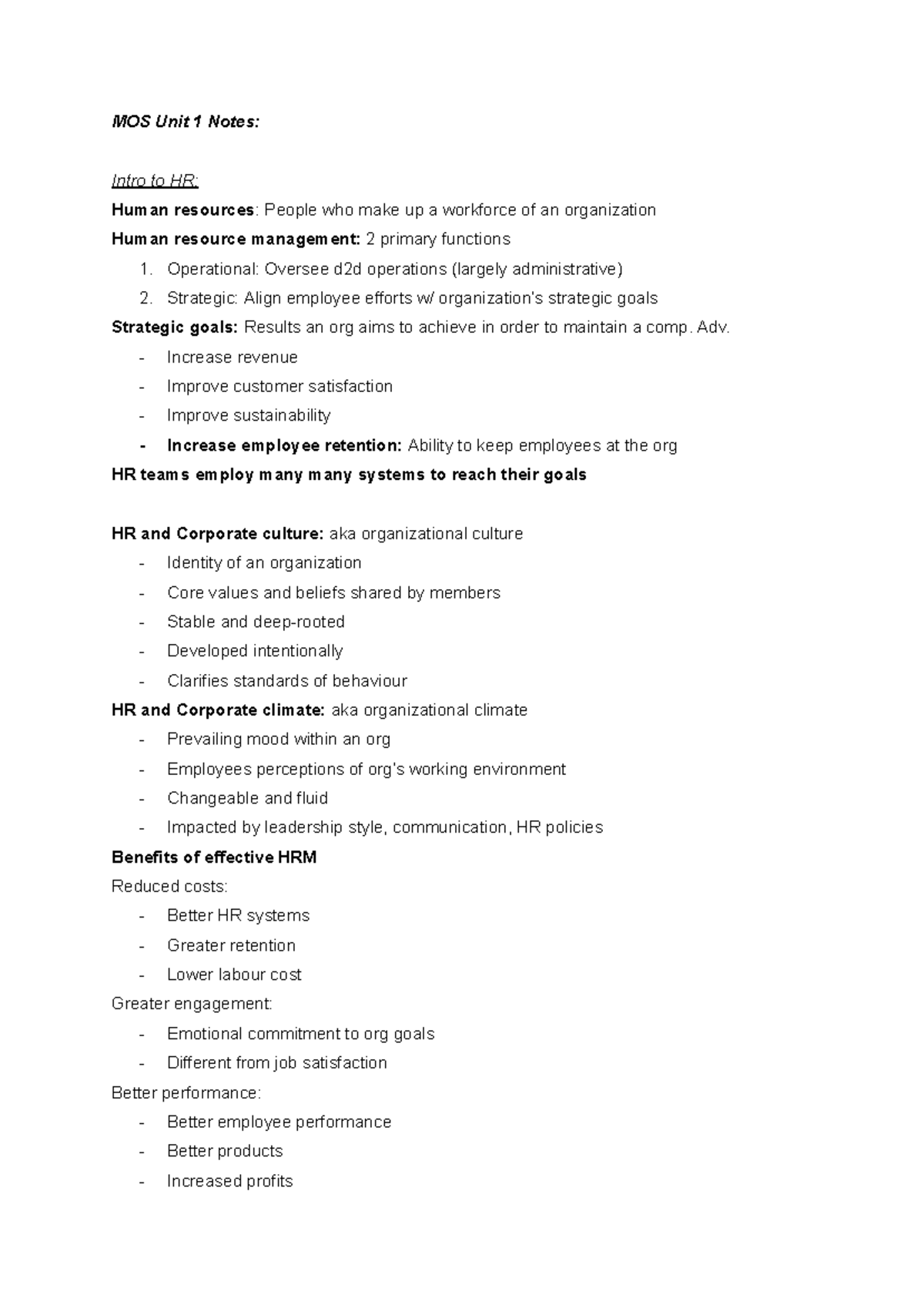 MOS HR Unit 1 Notes: Introduction to Human Resources Management - Studocu