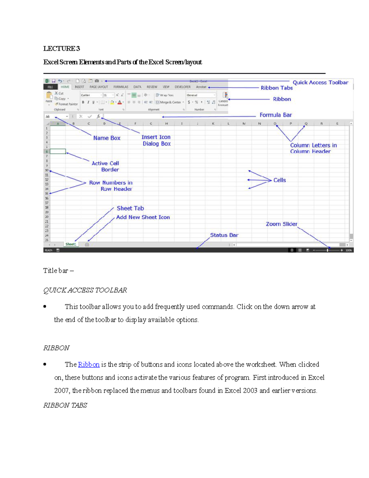 Lecture 3: Advanced Excel Screen Elements and Features - Studocu