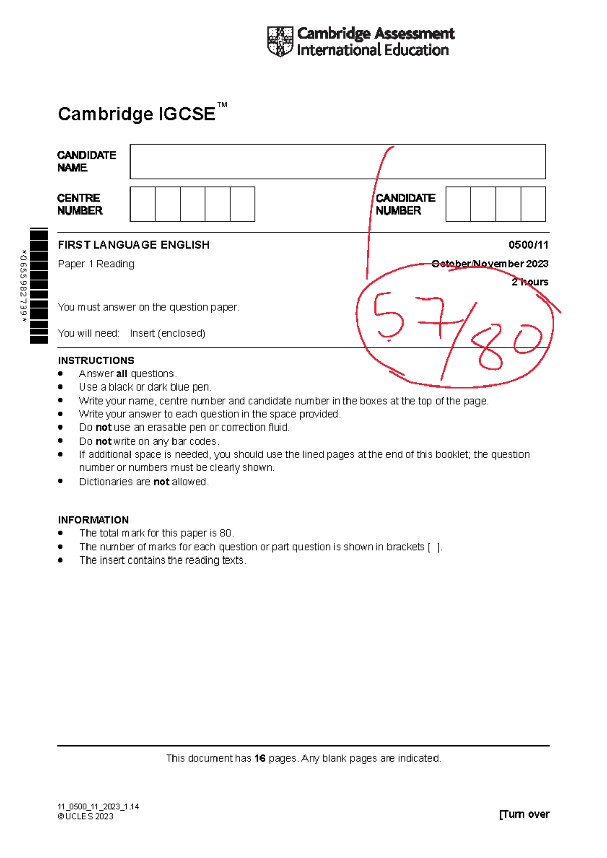 Final Exam Paper 1 Reading: Cambridge IGCSE™ 0500 w23 qp 11 - Studocu