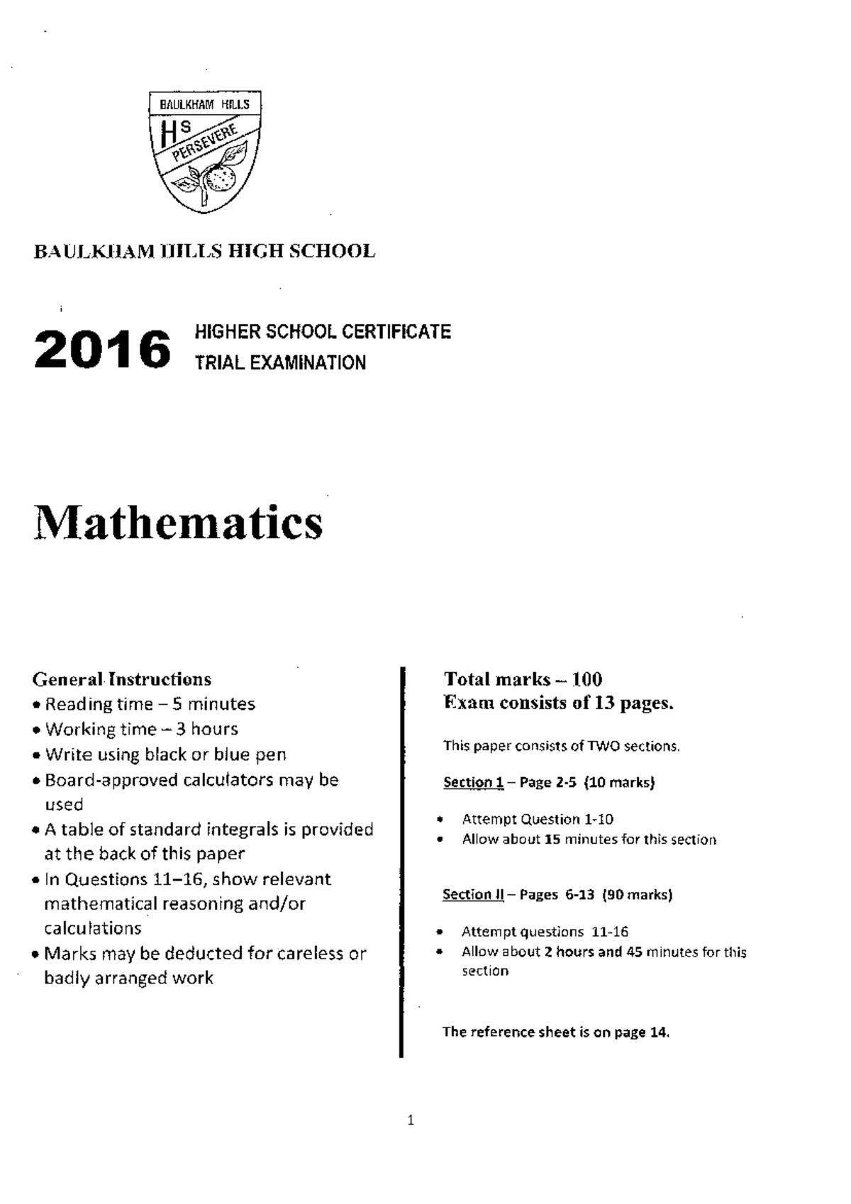 Baulkham Hills 2016 HSC Trial Exam Mathematics Solutions - Studocu