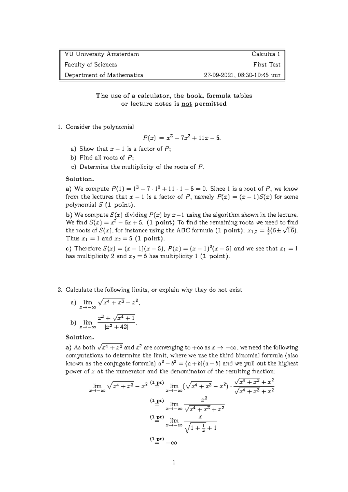 Calculus 1 Midterm Exam Solutions 2021 - VU Amsterdam - Studeersnel