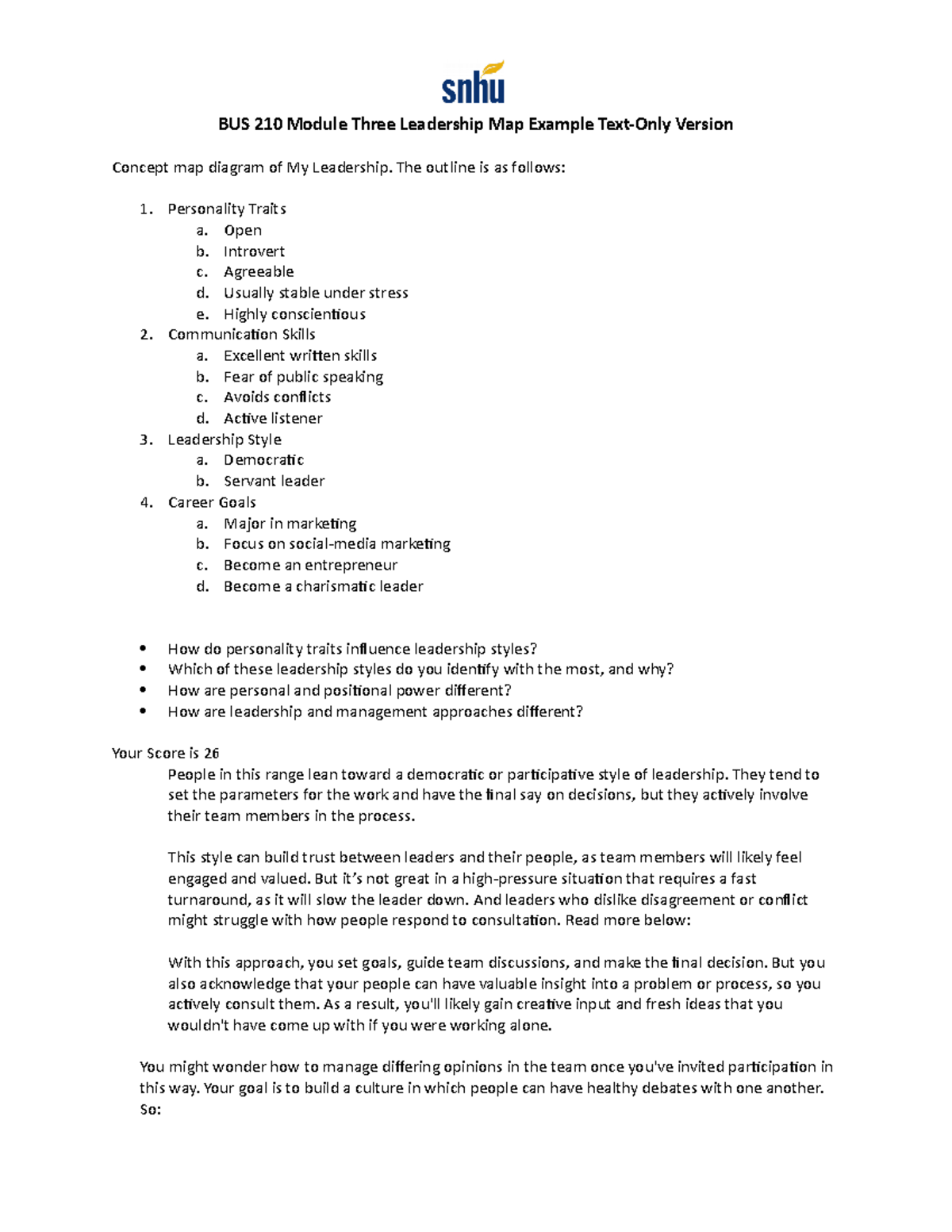 BUS 210 Module Three Leadership Map Example Text-Only Version - The outline is as follows: 1 ...