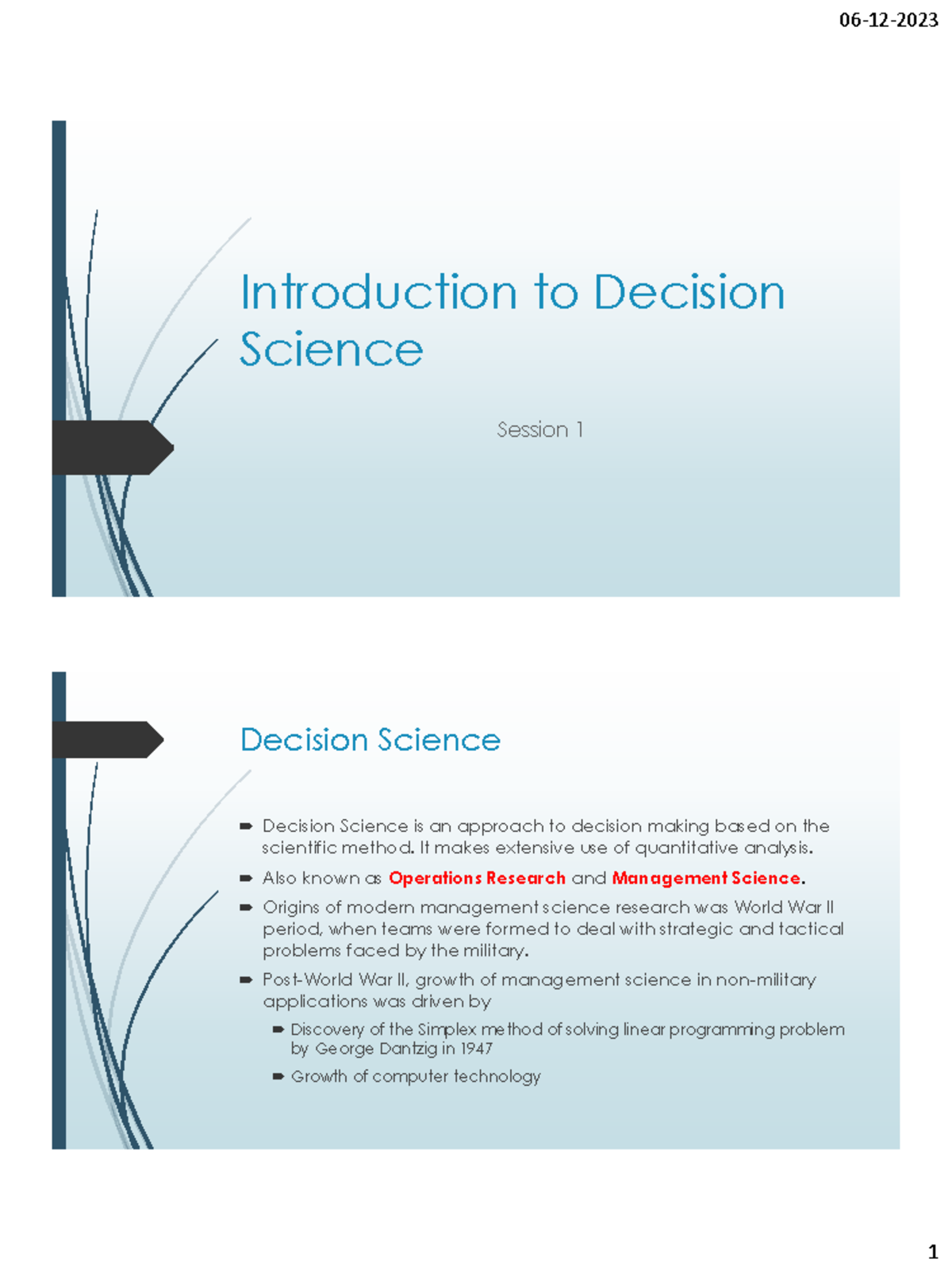 Session 1 - Intro to Decision Science & Problem Solving Concepts - Studocu
