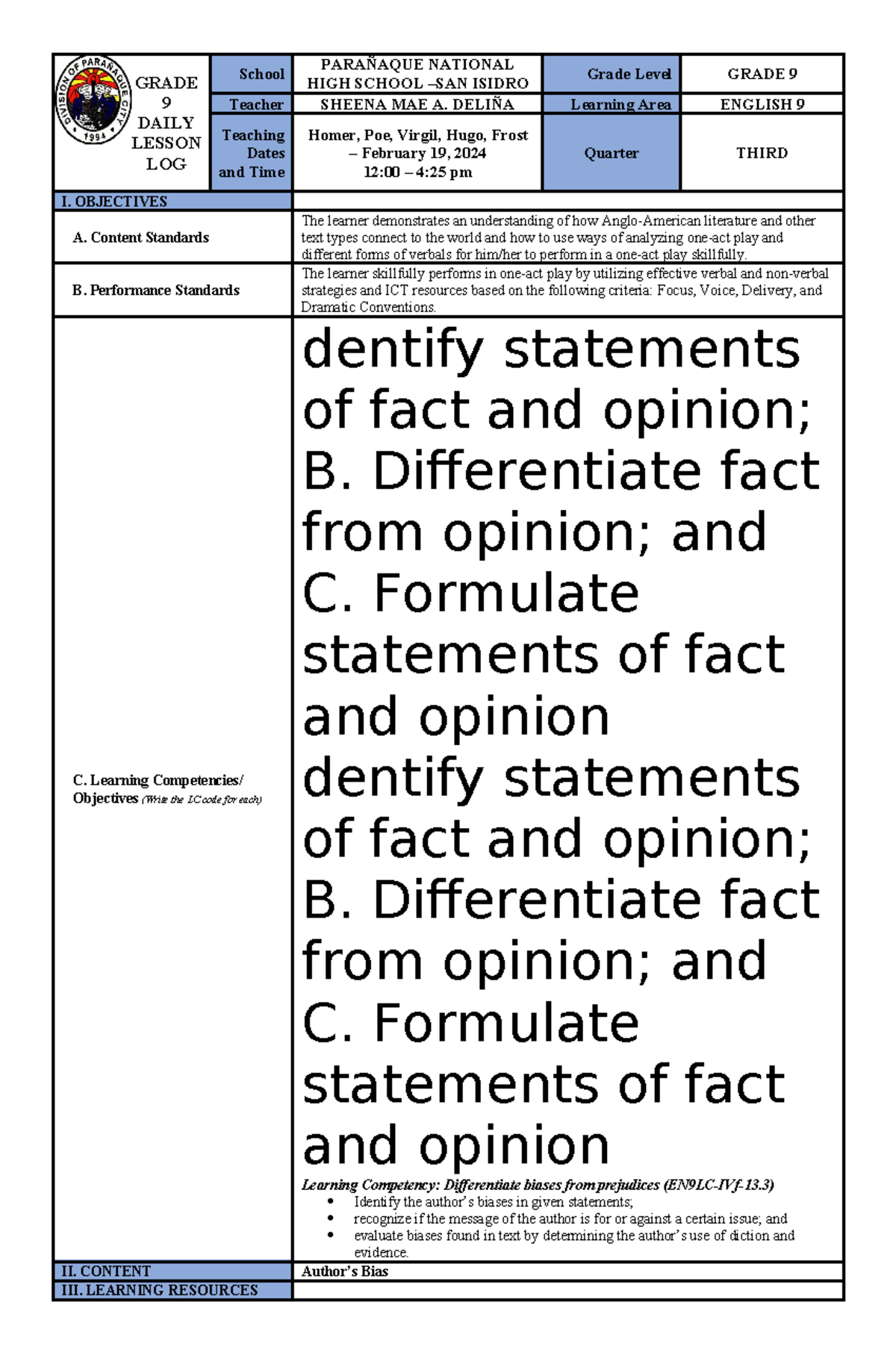 Lesson plan: Author's bias - GRADE 9 DAILY LESSON LOG School PARAÑAQUE ...