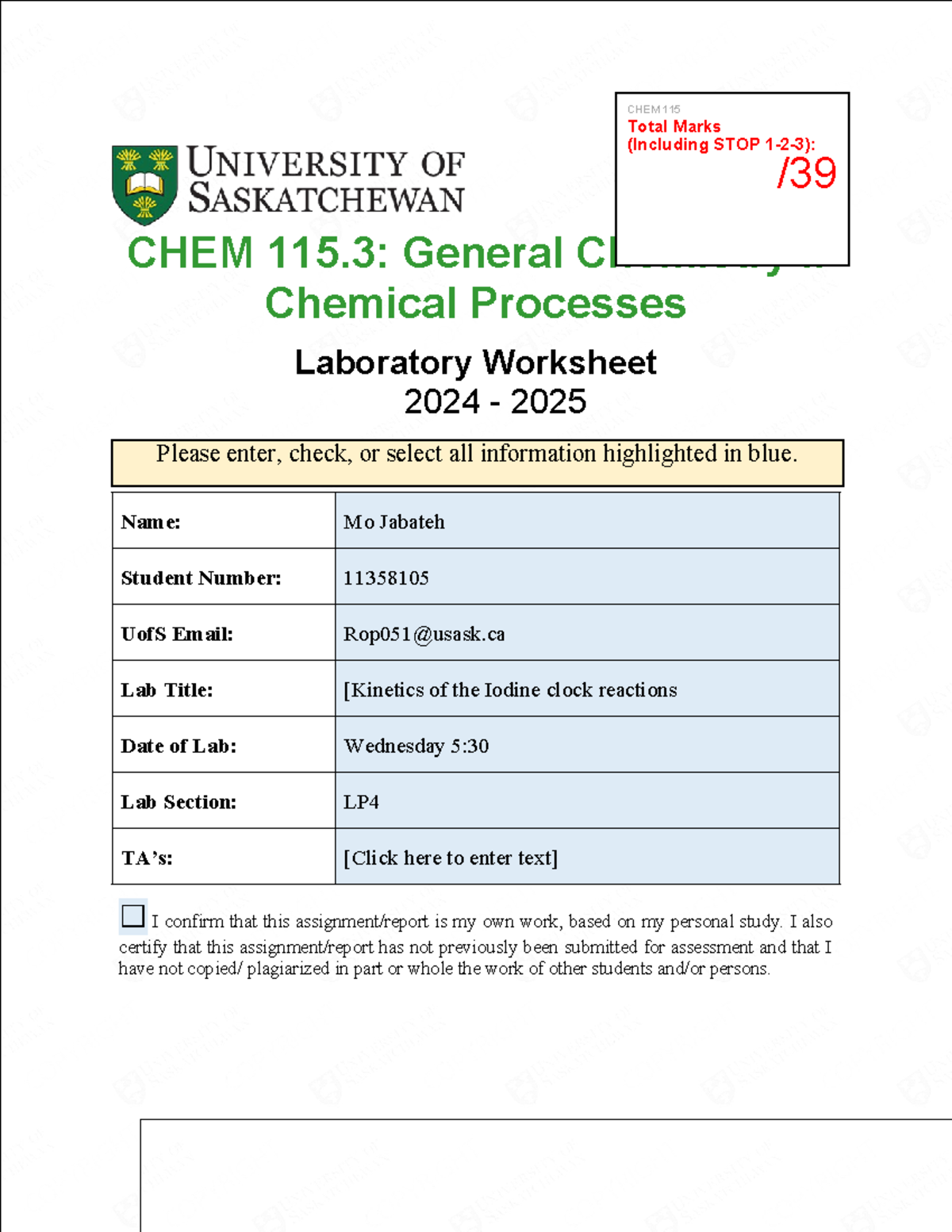 Finished lab report for lab 4 - CHEM 115: General Chemistry II Chemical Processes Laboratory ...