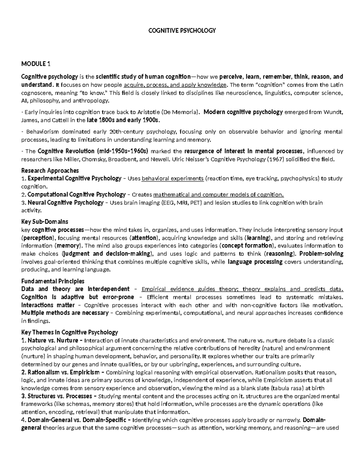 COGNITIVE PSYCHOLOGY COGNITION AND NEUROSCIENCE MODULE 1-3 REVIEW - Studocu
